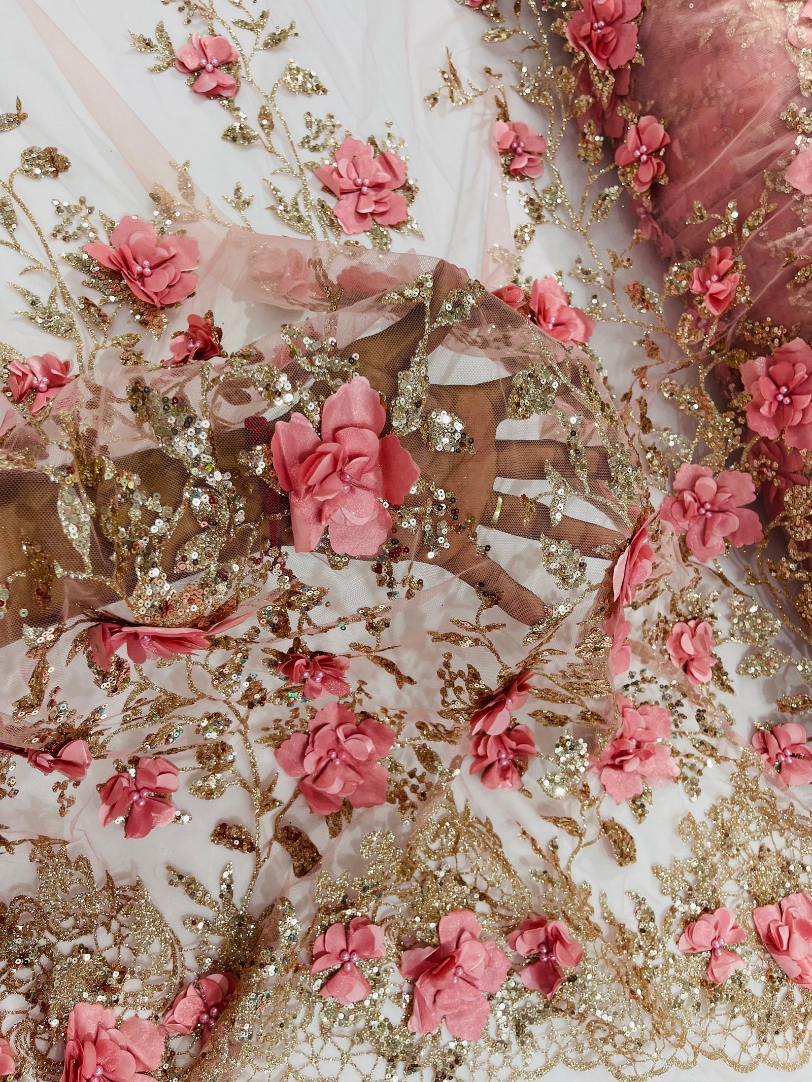 Big Flower 3D Glitter Fabric - Rose Gold - Embroidered Floral Sequins