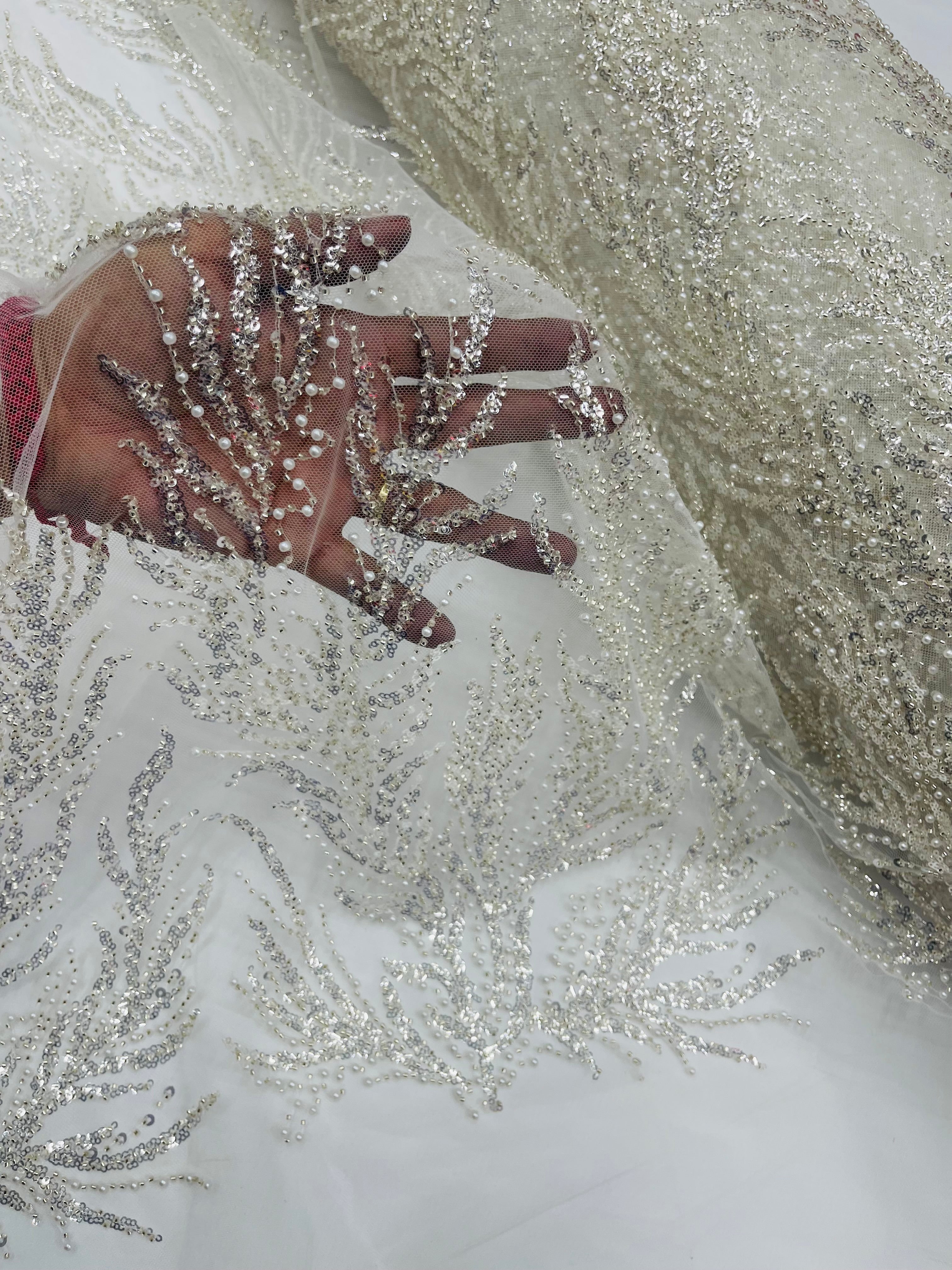 Off White Beaded Fabric by the yard, Bridal beaded, Damask Pattern Wit