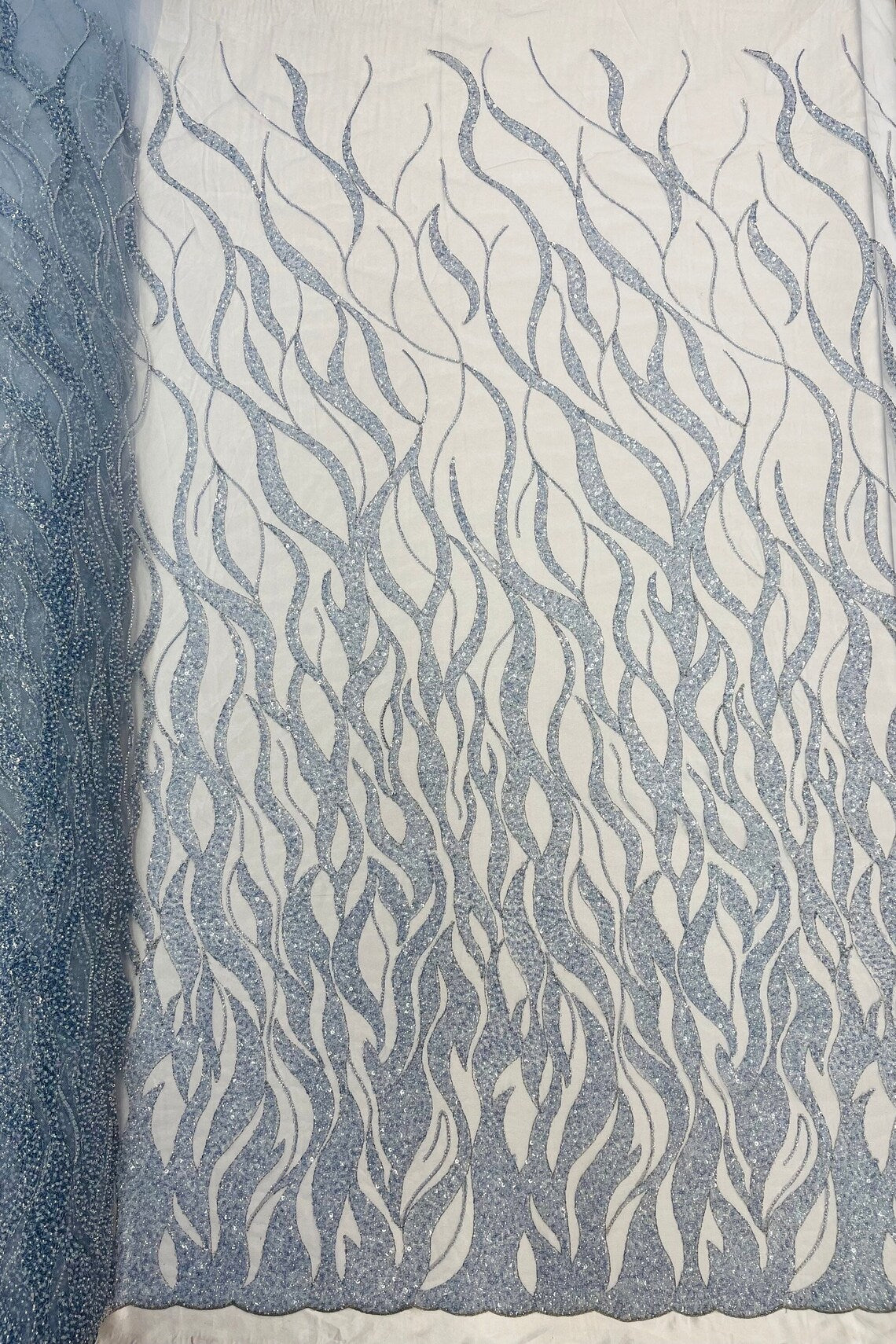 Flaming Fire Design Bead Fabric - Baby Blue - Beaded Embroidered Fabri