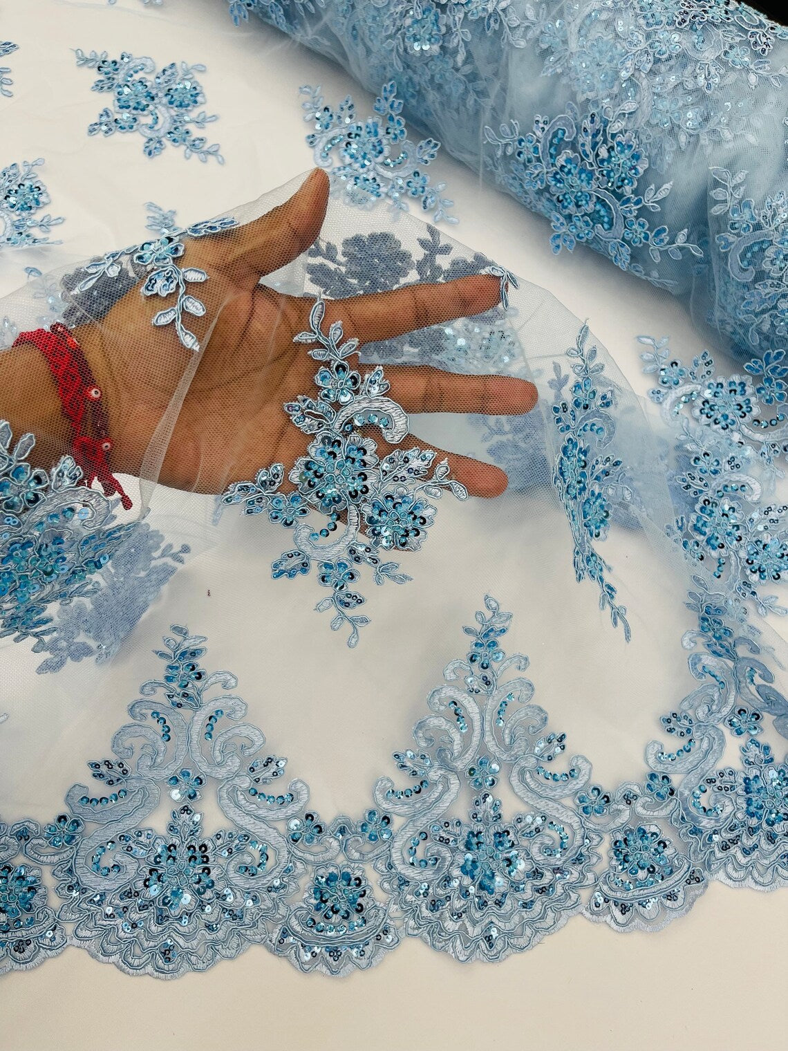 Floral Damask Bead Fabric - Baby Blue - Embroidered Floral Clusters wi