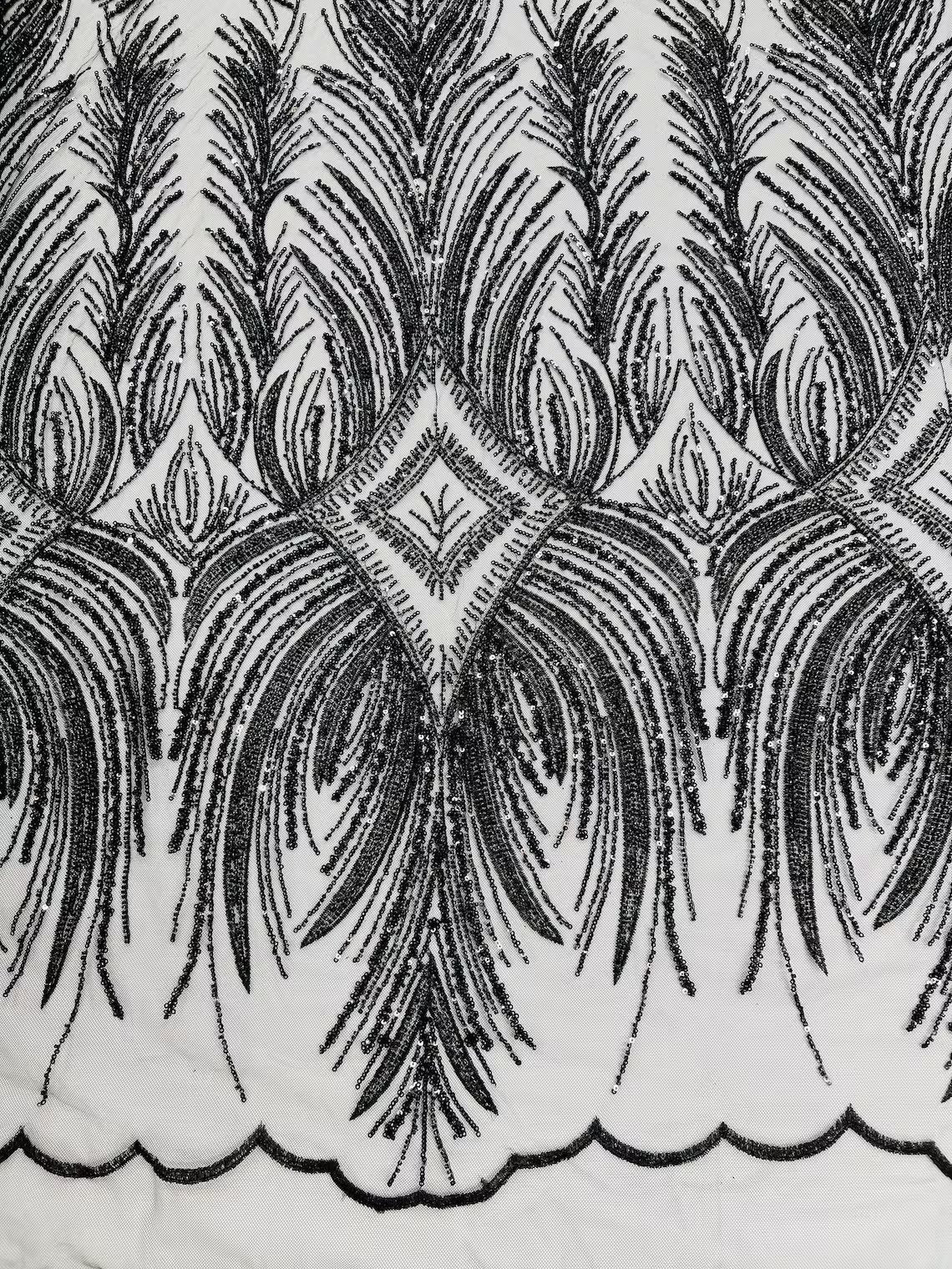 Beaded Line Fabric - Black - Luxury Bridal Line Pattern Fabric With Be