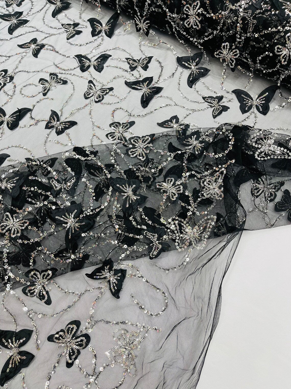3D Butterfly Sequins Bead Fabric - Black - Sequins Butterfly Embroider