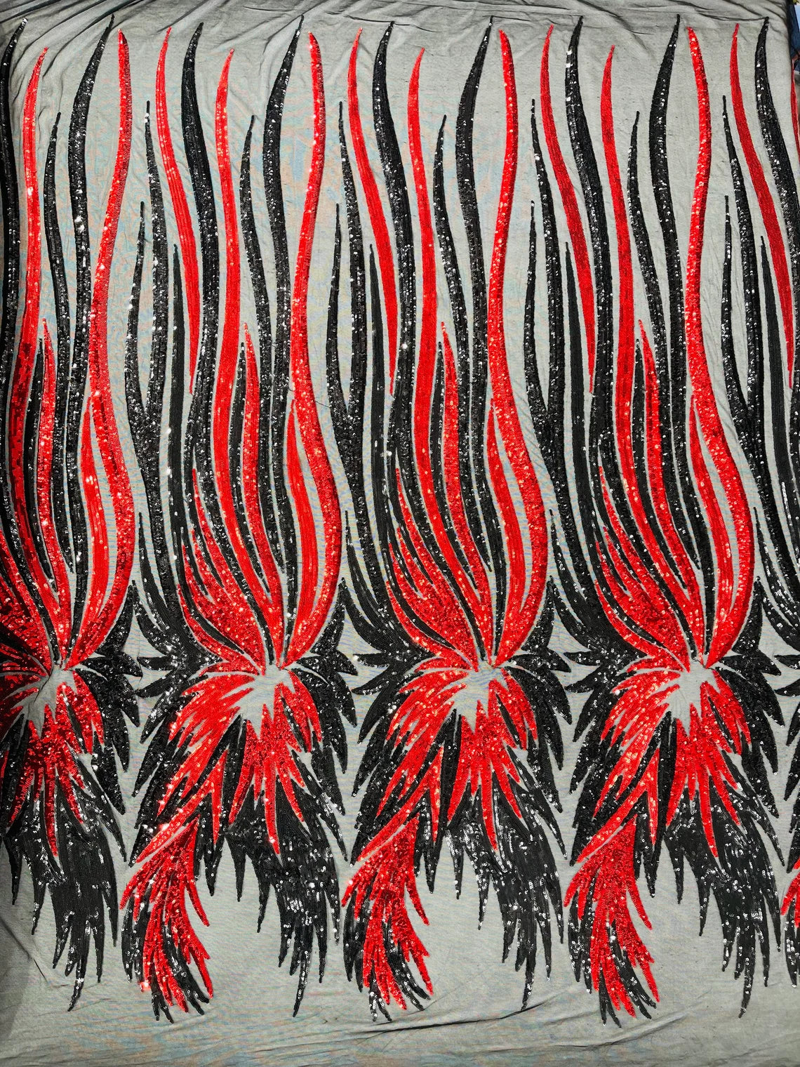Angel Wings Sequins Fabric - Black / Red - 4 Way Stretch Feather Wings