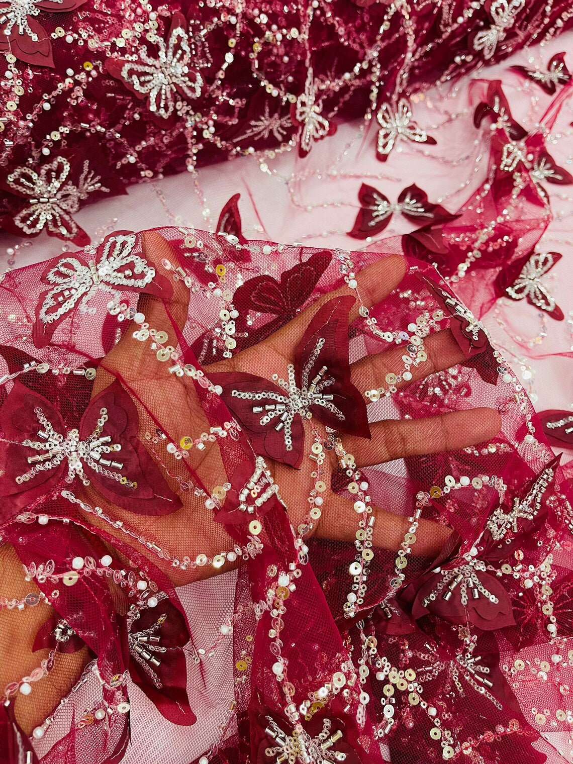 3D Butterfly Sequins Bead Fabric - Burgundy / Silver - Sequins Embroid