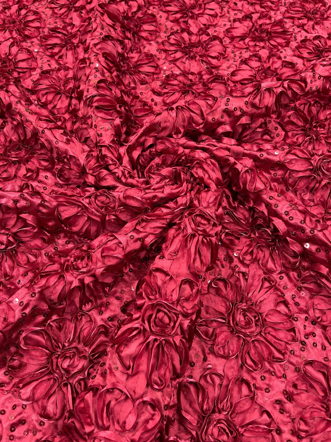 Sequins Satin Rosette Fabric - Burgundy - 3D Satin Rose Sequins Floral