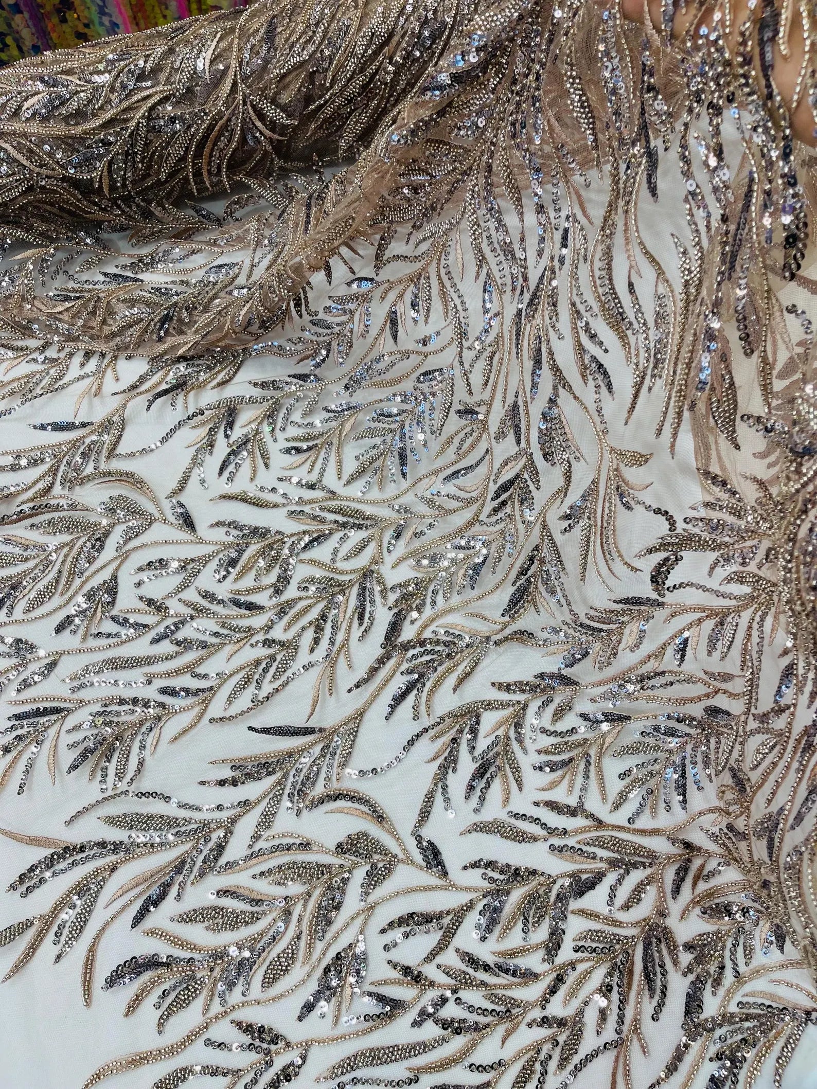 Coffee Beaded Fabric by the yard, Bridal beaded, Damask Pattern With B