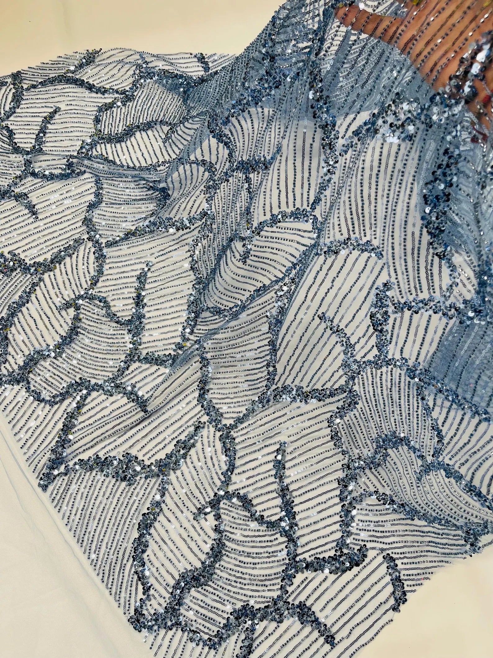 Coppen Blue Beaded Fabric by yard, Bridal beaded, Damask Pattern Beads