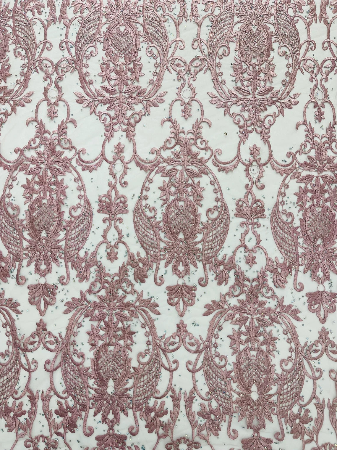 Rhinestone Design Fabric - Dusty Rose - Beaded Damask Design Embroider