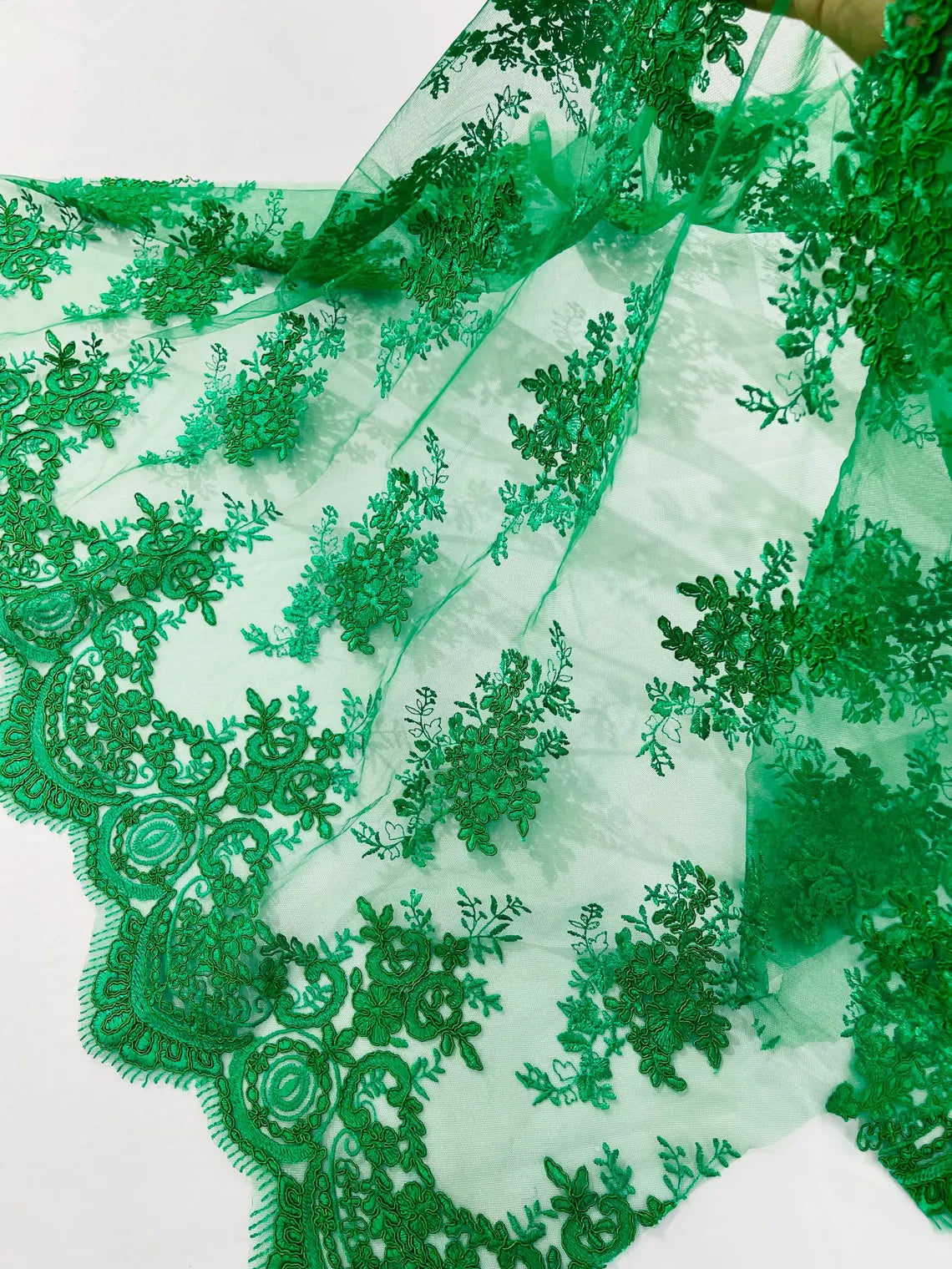 Damask Flower Lace Fabric - Emerald Green - Damask Flowers Embroidered