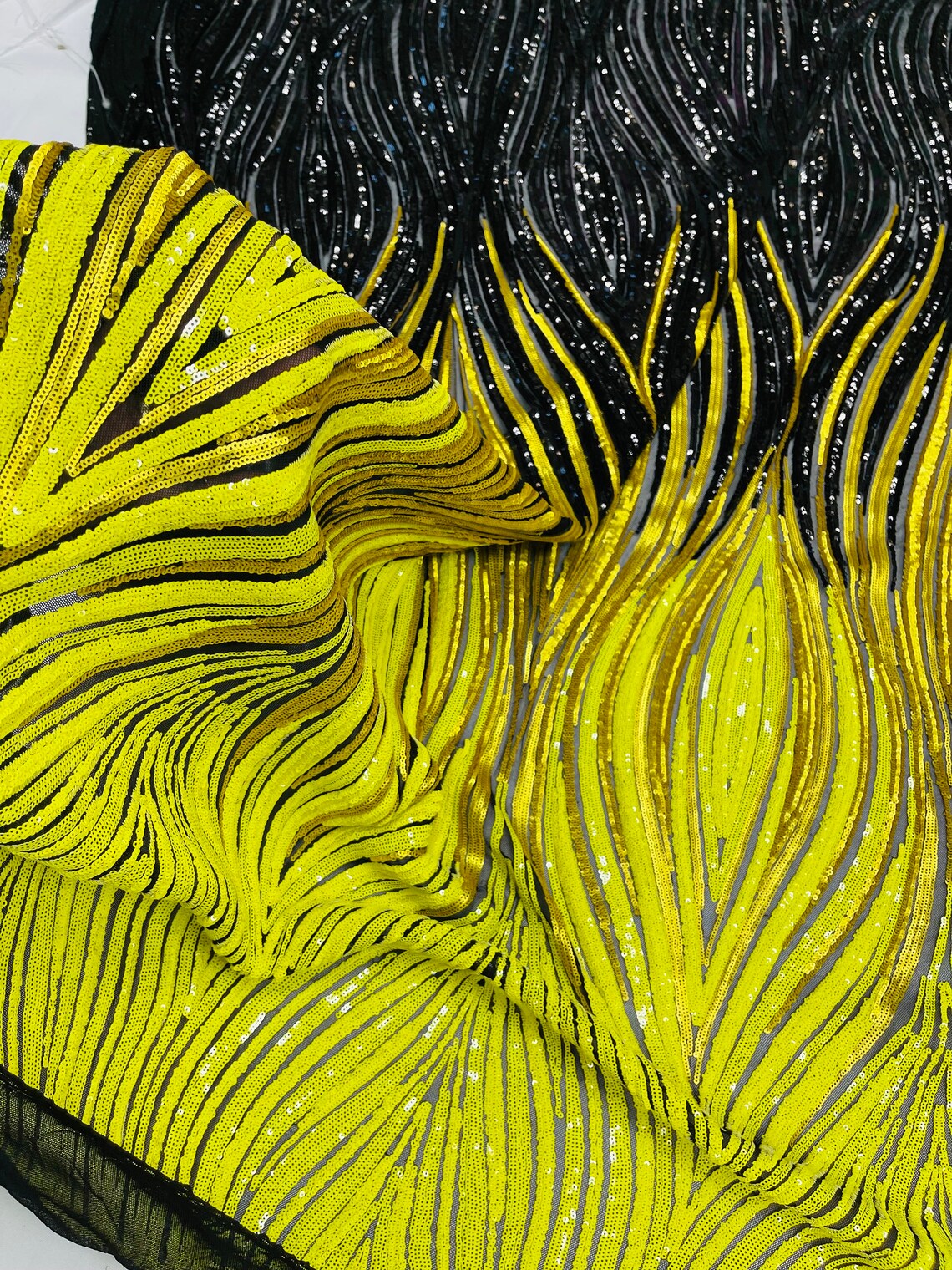 Three Tone Feather Fabric - Gold / Black / Yellow - 4 Way Stretch Embr