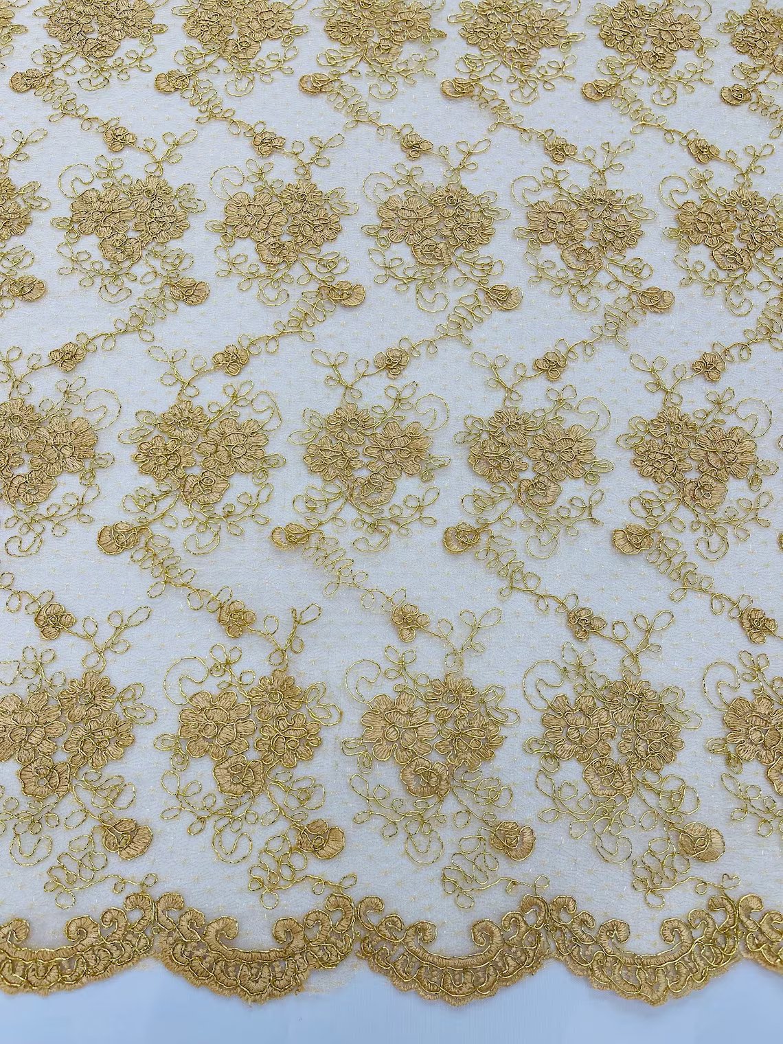 Jasmine Flower Fabric - Gold - Embroidered Floral Design Lace Mesh Bri