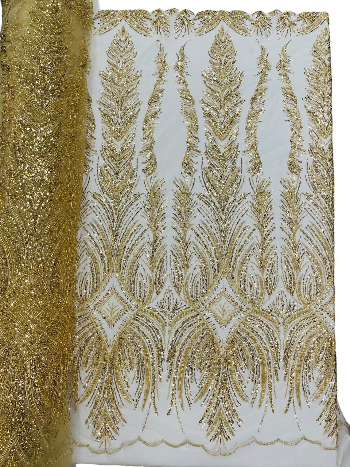 Beaded Line Fabric - Gold - Luxury Bridal Line Pattern Fabric With Bea