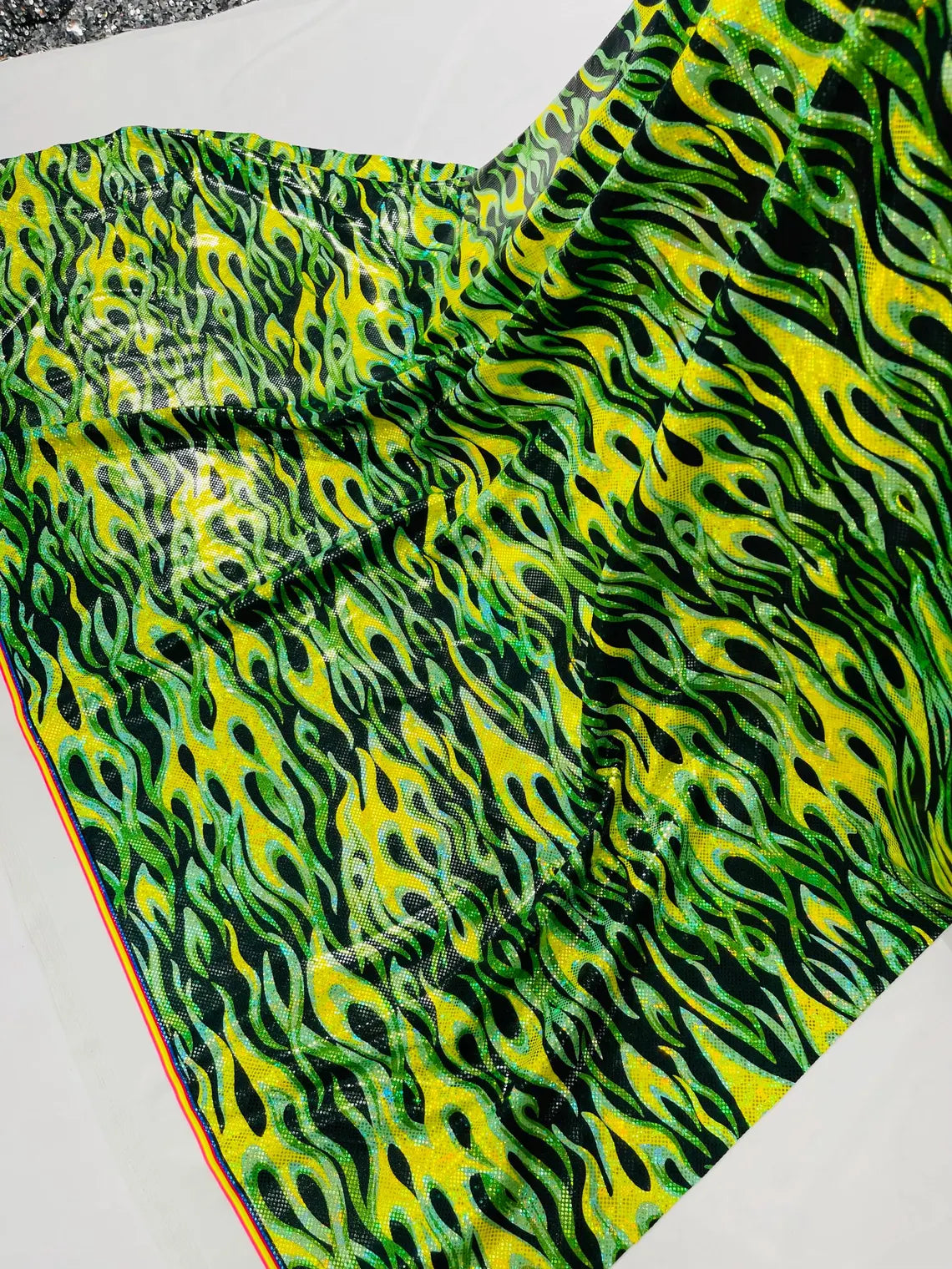 Holographic Fire Flame Spandex - Lime Green - Poly Spandex Stretch Fir