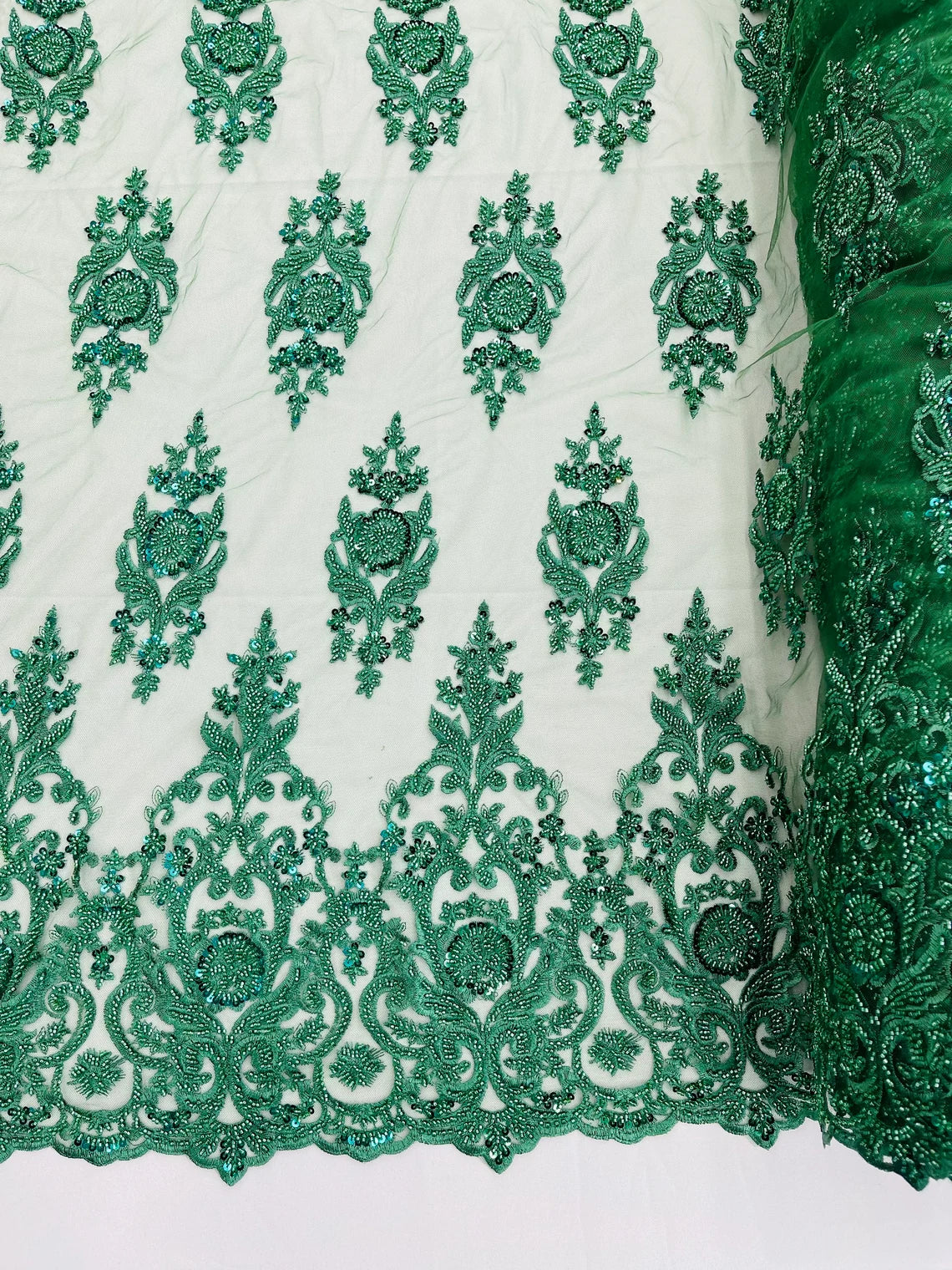 Embroidered Bead Fabric - Hunter Green - Floral Damask Bead Bridal Lac
