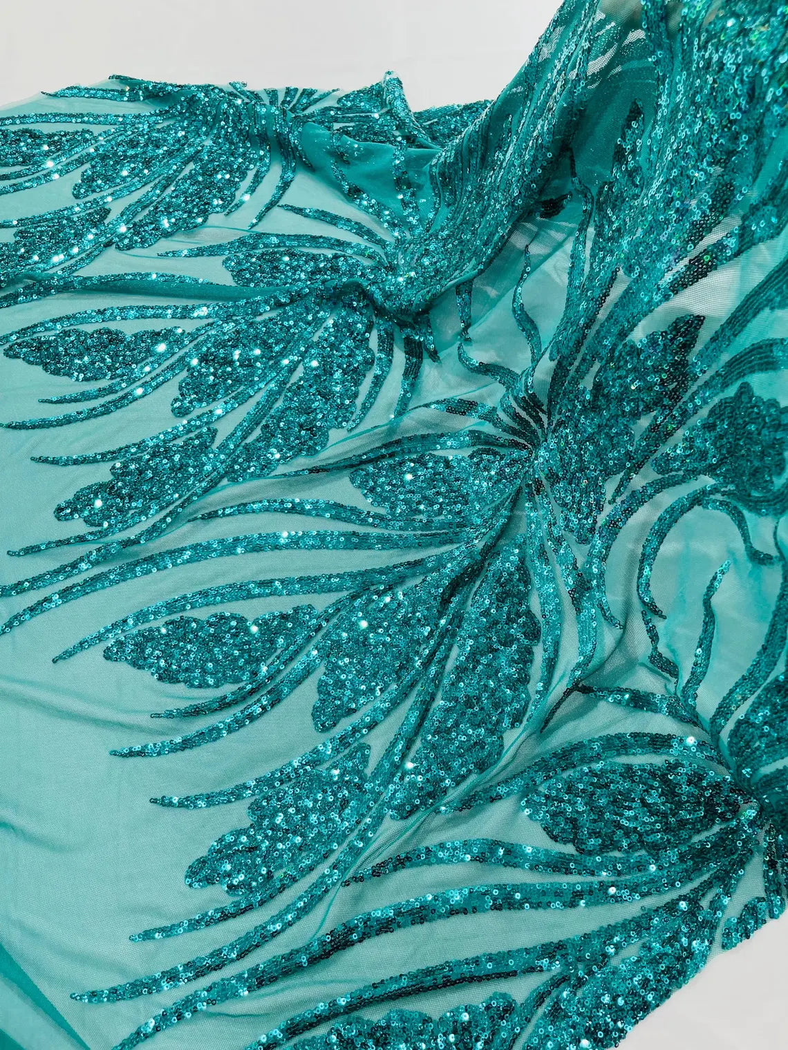 Wavy Leaf Design Fabric - Jade Green - 4 Way Stretch Sequins Lace Mesh