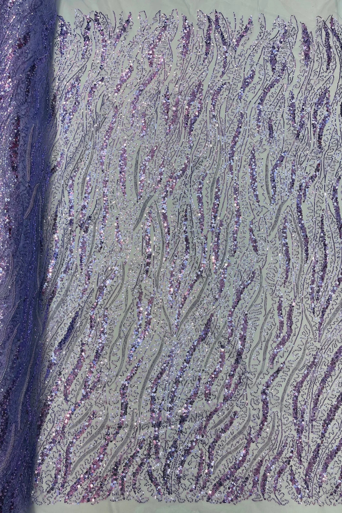 Wavy Leaf Lines Fabric - Lilac - Beaded Sequins Leaf Pattern Embroider