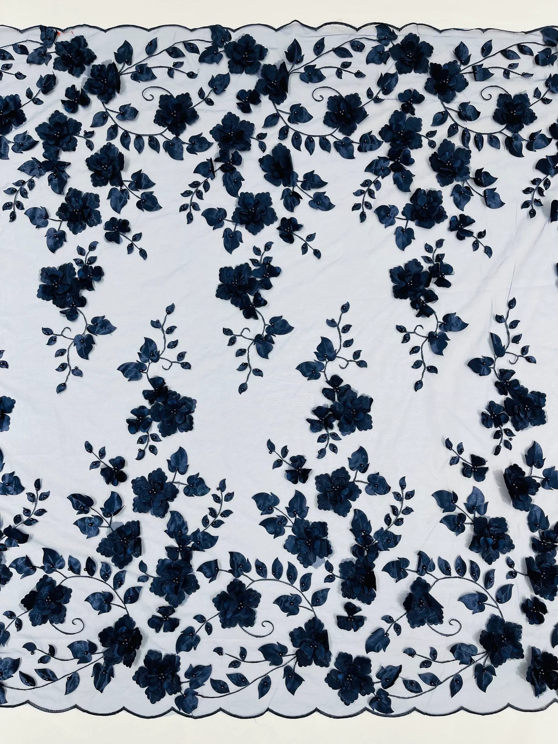 Floral 3D Pearl Fabric - Navy Blue - Embroidered Double Border Flower
