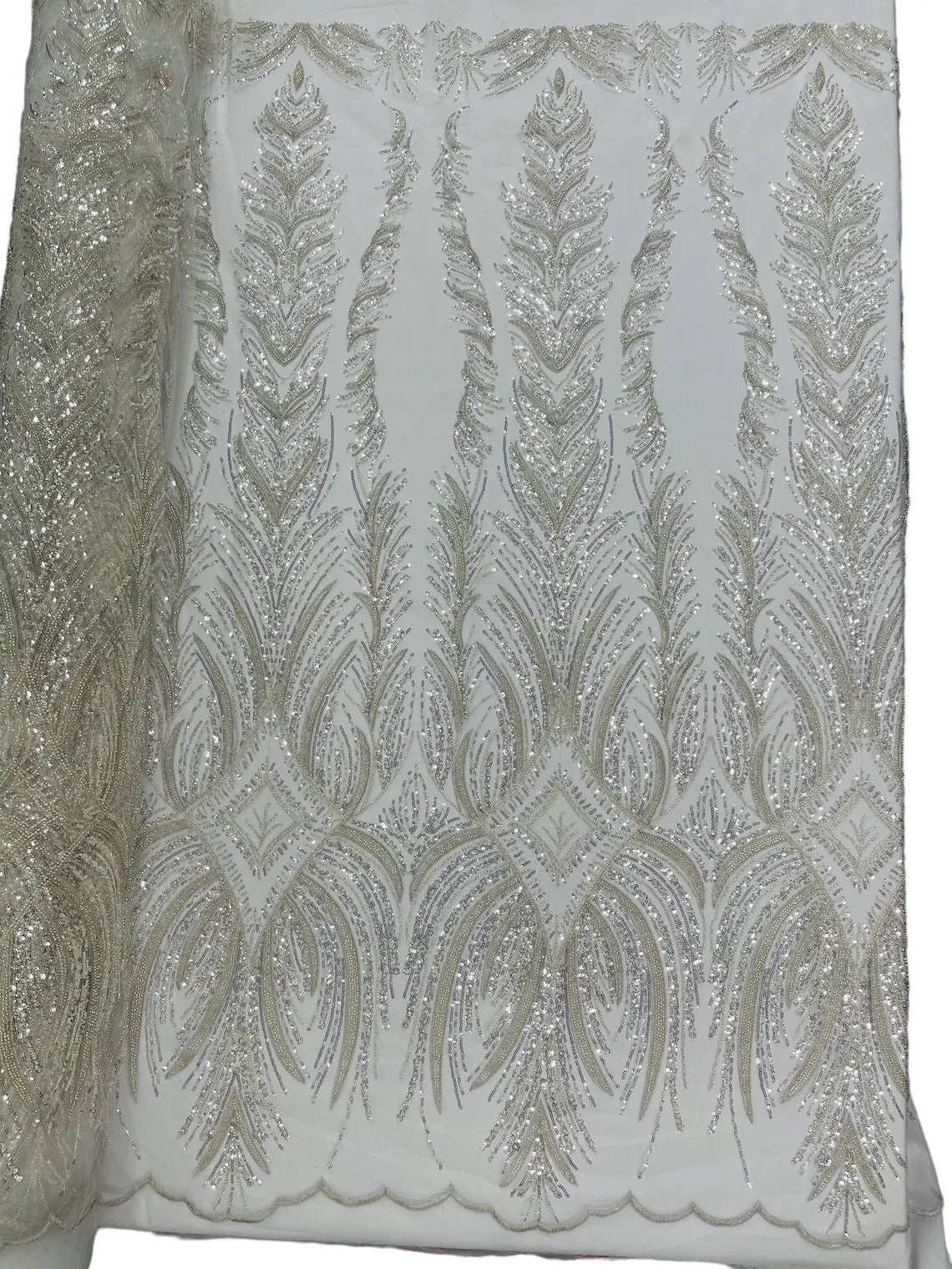 Beaded Line Fabric - Off-White - Luxury Bridal Line Pattern Fabric Wit
