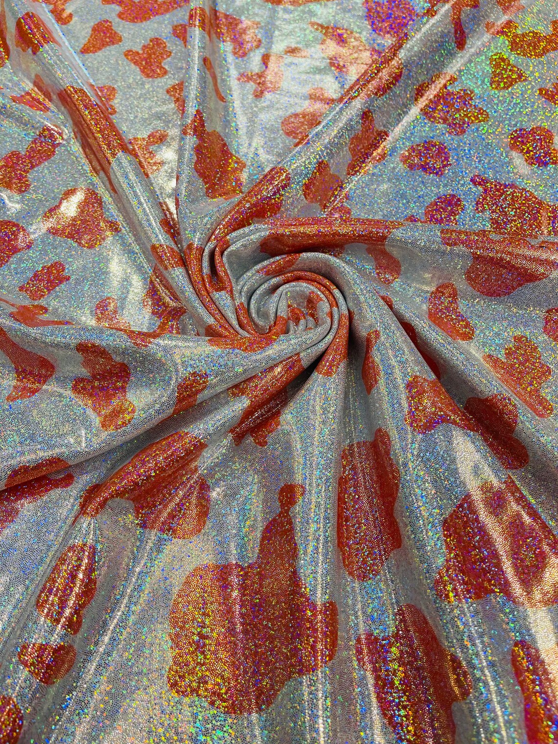 Spandex Cow Print Design - Orange - Holographic Print Poly Spandex Fab