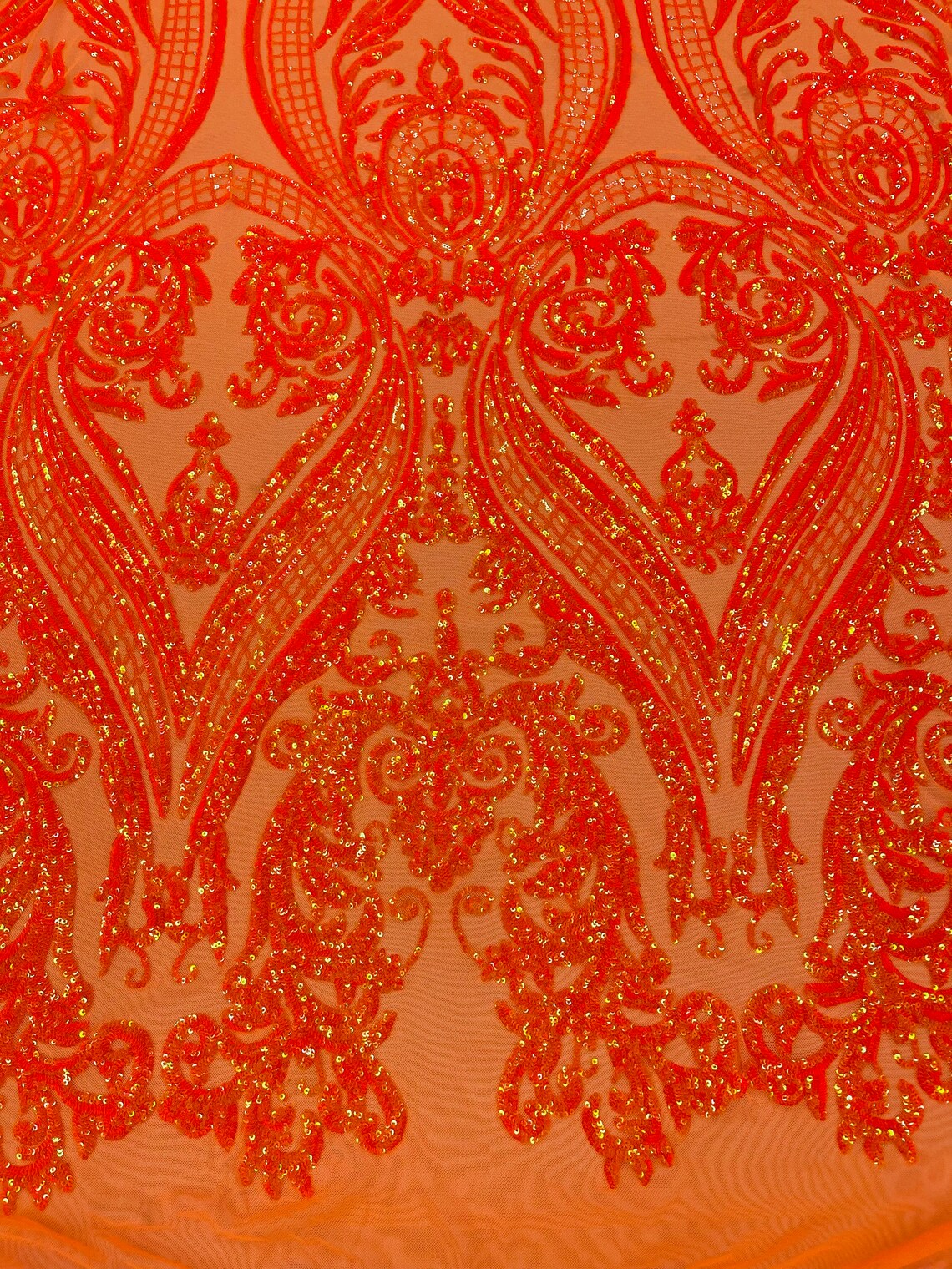 Big Damask Sequins - Orange Iridescent - Damask Sequin Design on 4 Way Stretch Fabric By Yard