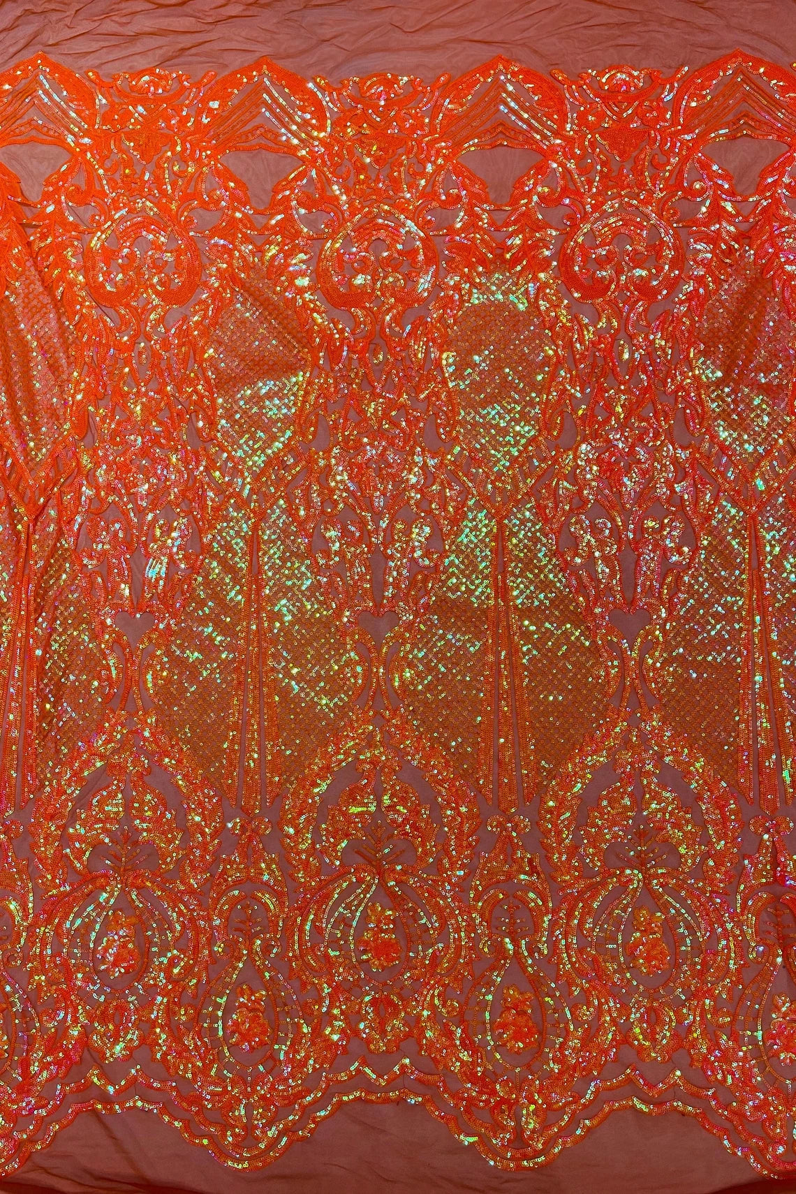 Damask Sequins Fabric - Orange Iridescent - Shiny Sequin Design on 4 W
