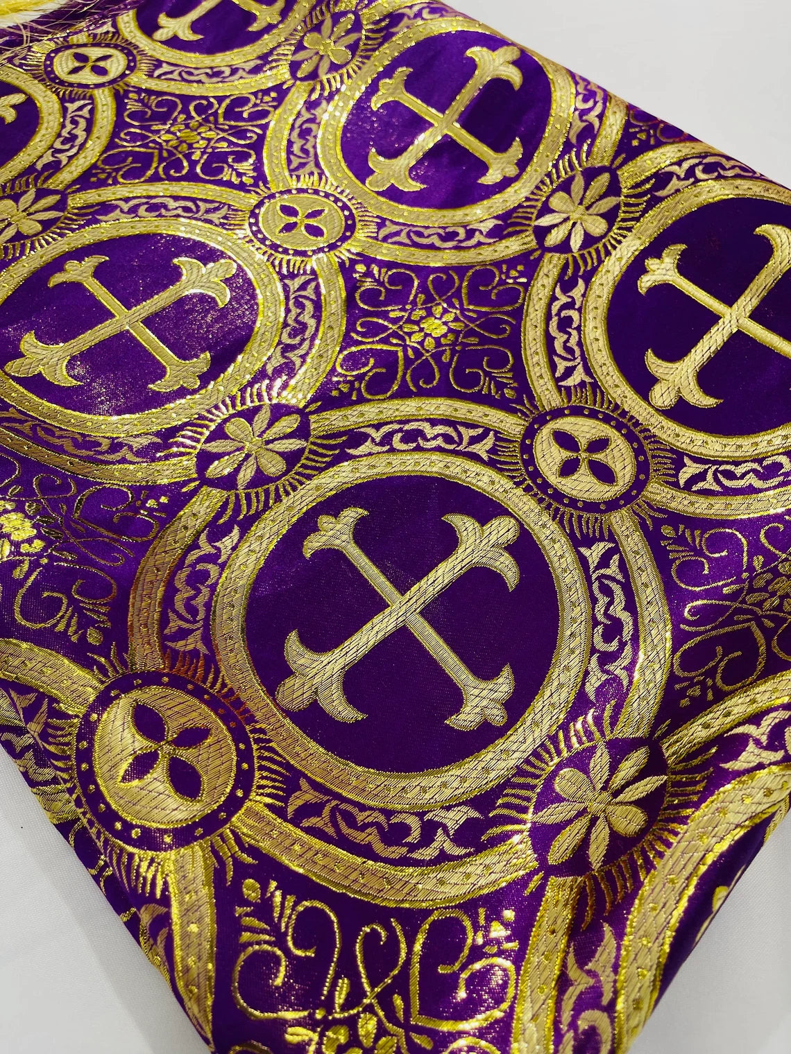 58/60" Cross Brocade Fabric - Purple / Gold - Religious Church Vestmen
