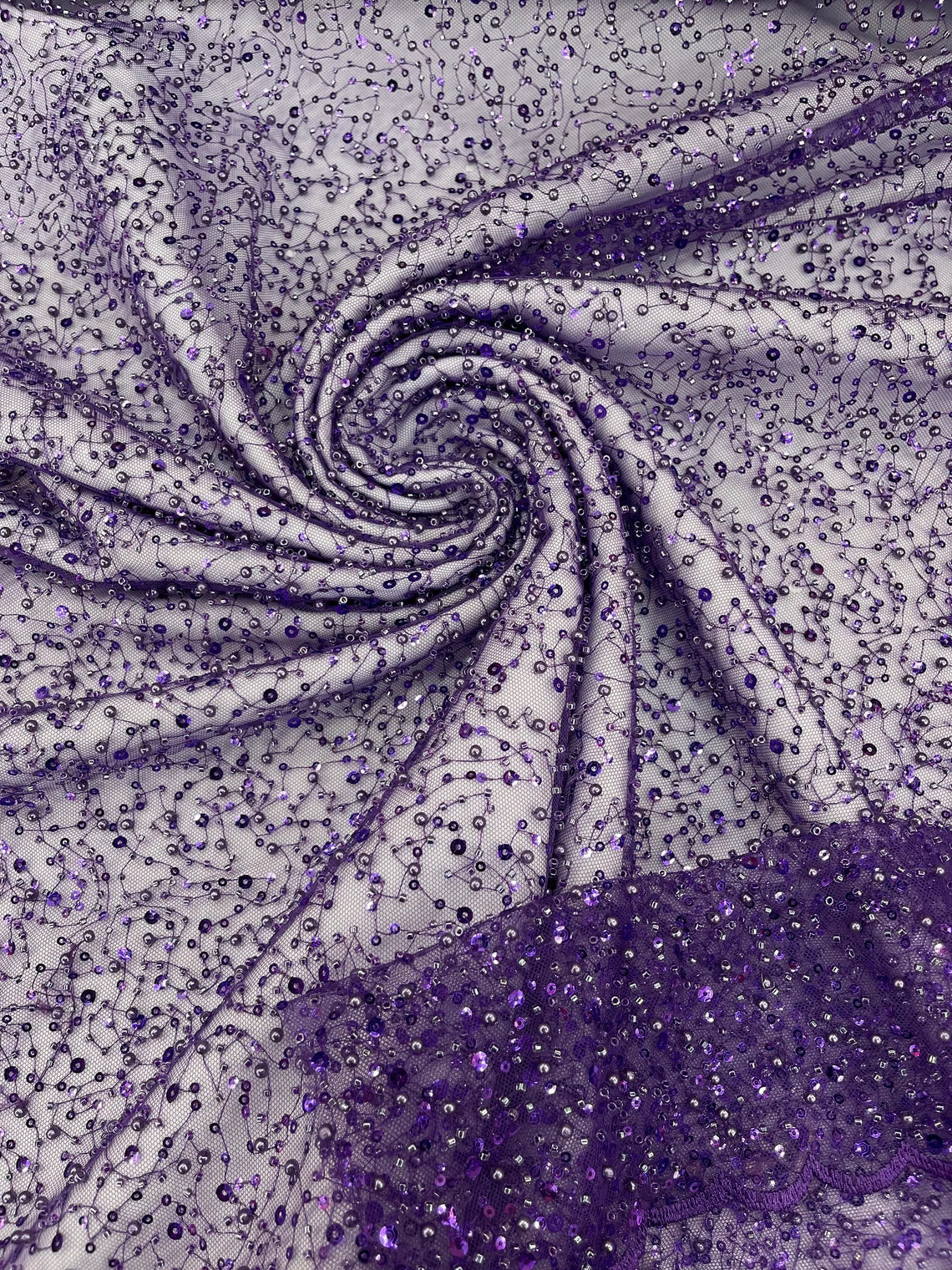 Beaded Mesh 3D Fabric - Purple - Beaded Lace Mesh Fabric Embroidered w