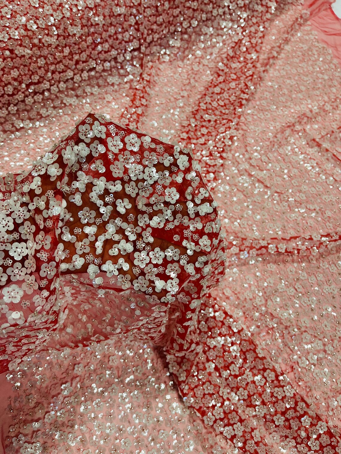 Beaded Mini Flower Pearl Fabric - Red / White - Embroidered Pearls Bea