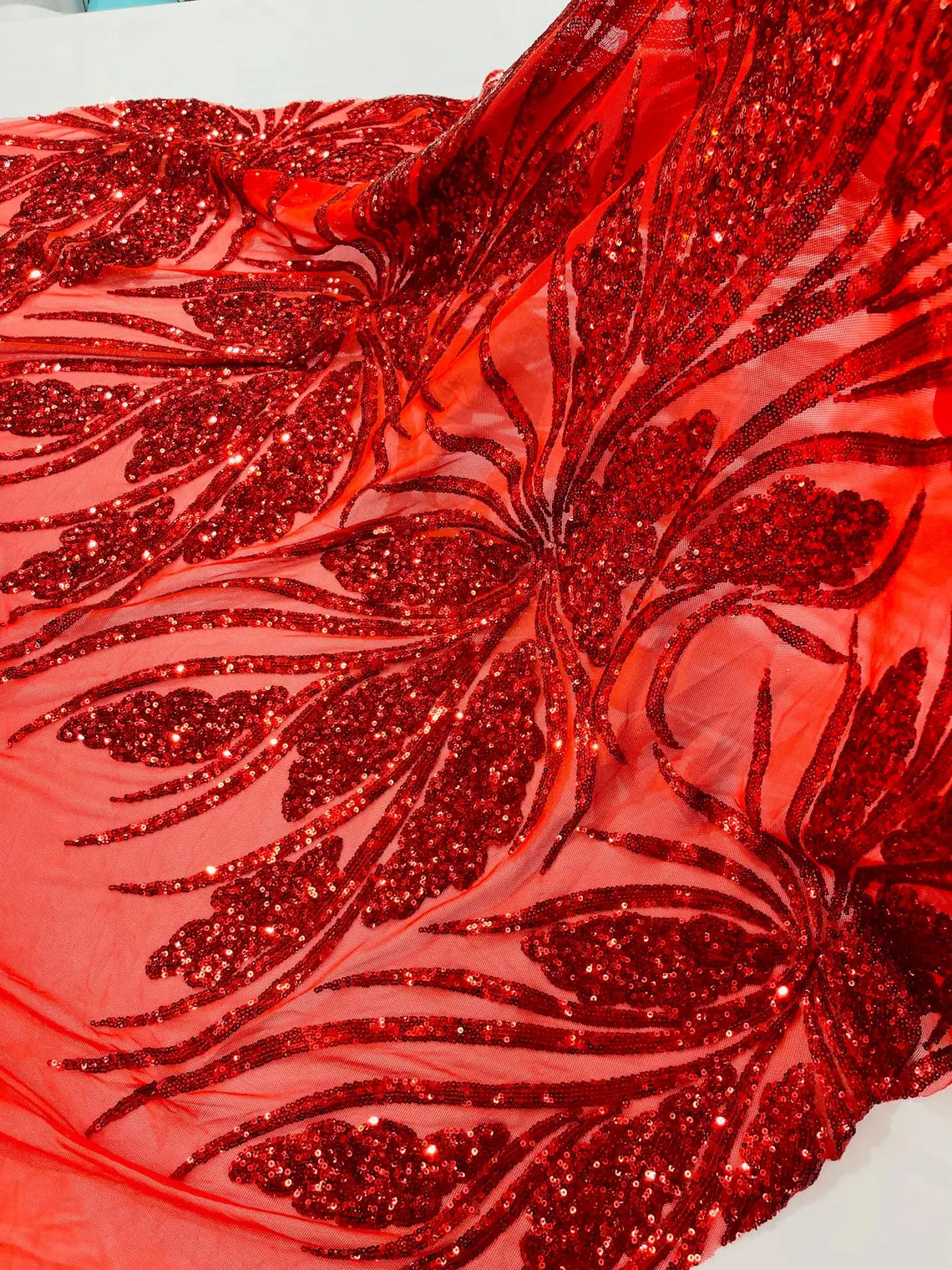 Wavy Leaf Design Fabric - Red - 4 Way Stretch Sequins Lace Mesh Leaf D