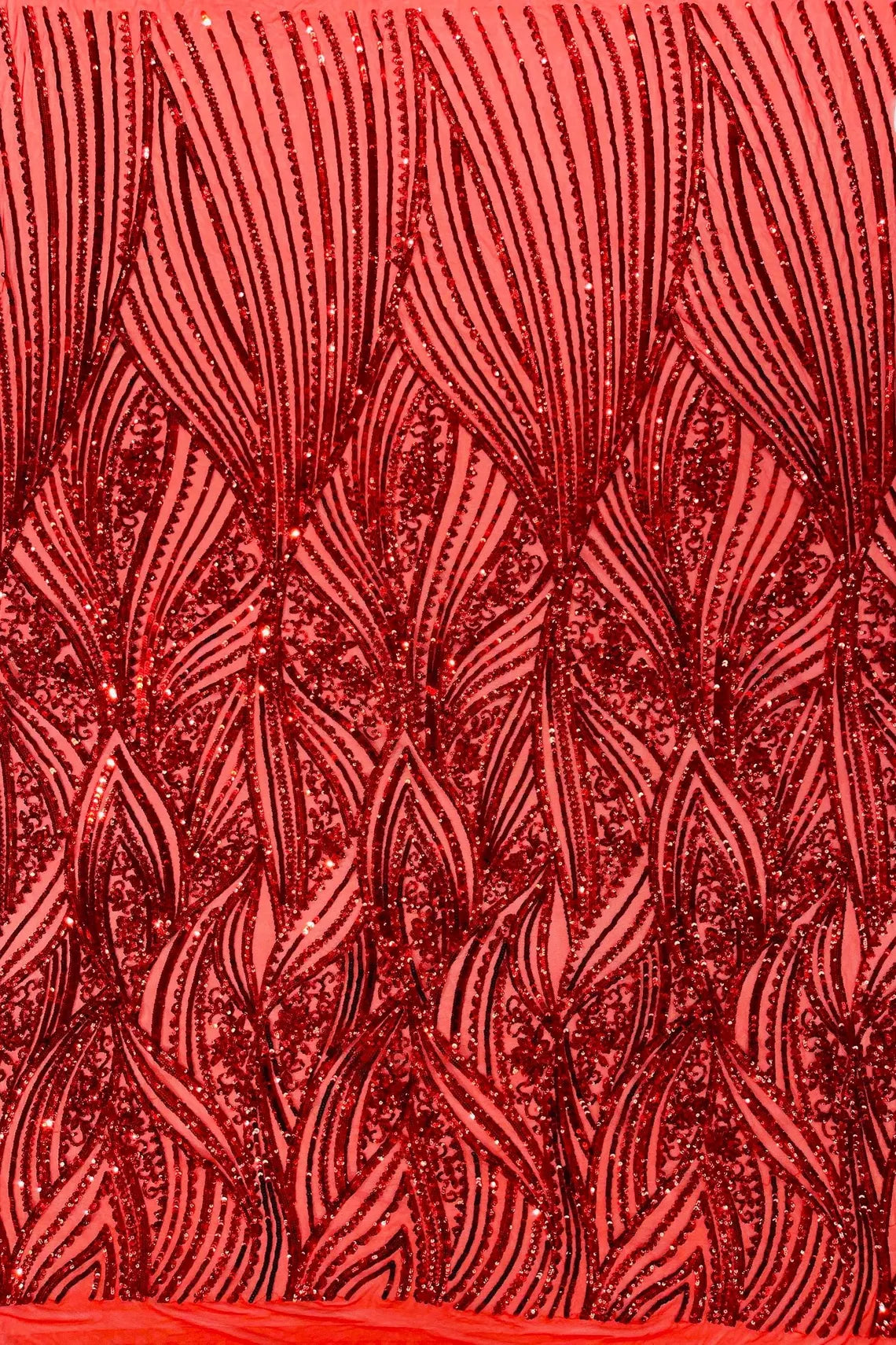 Curvy Design Sequins Fabric - Red - 4 Way Stretch Curvy Sequins Design