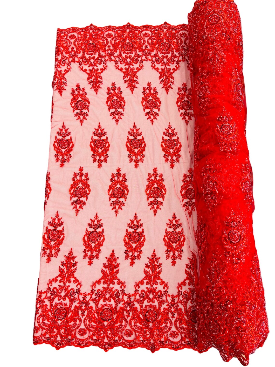Embroidered Bead Fabric - Red - Floral Damask Bead Bridal Lace Fabric