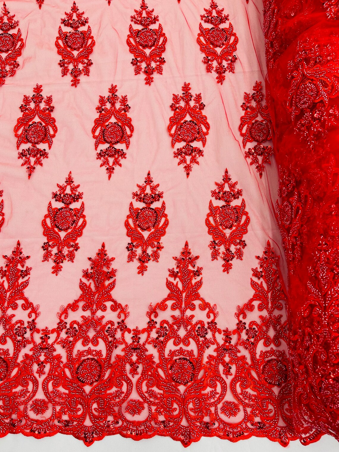 Embroidered Bead Fabric - Red - Floral Damask Bead Bridal Lace Fabric