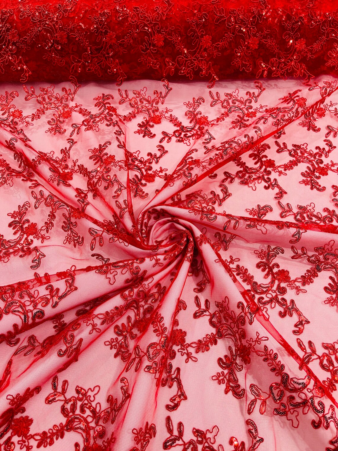 Sequin Lace Floral Fabric - Red - Flower Embroidered Sequins Lace Fabr