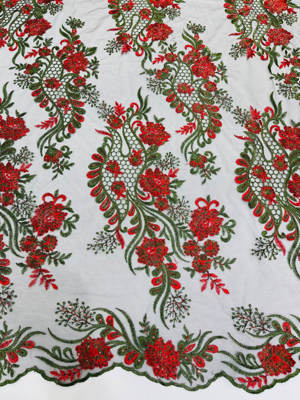 Two Tone Lace Floral Fabric - Red / Green on Black - Flower and Fish D