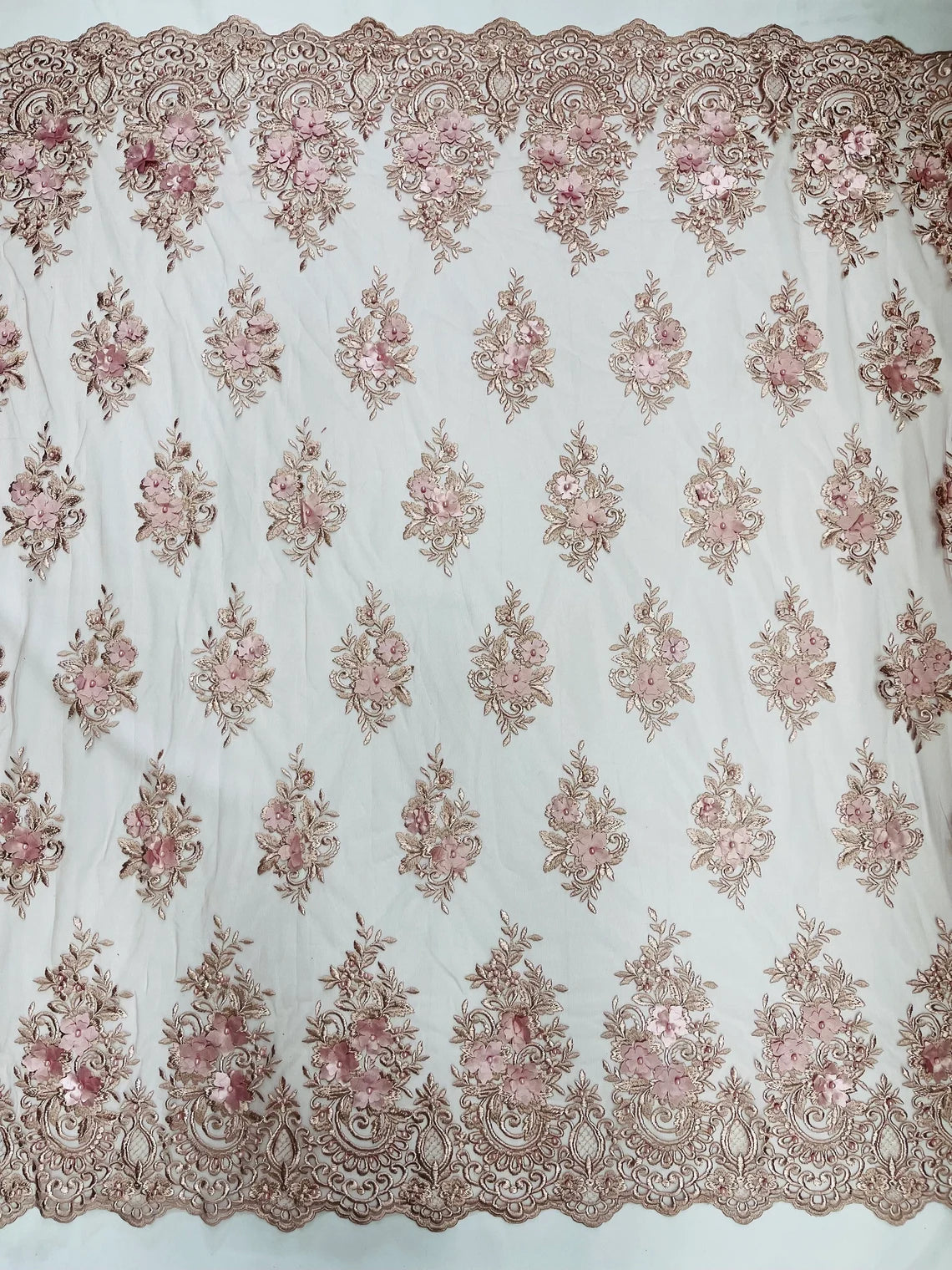 3D Floral Fabric with Pearls - Rosa Palo - Embroidered Flower and Leaf