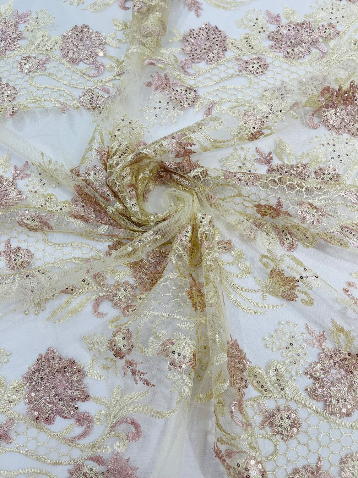 Two Tone Lace Floral Fabric - Rose / Beige - Flower and Fish Designs C