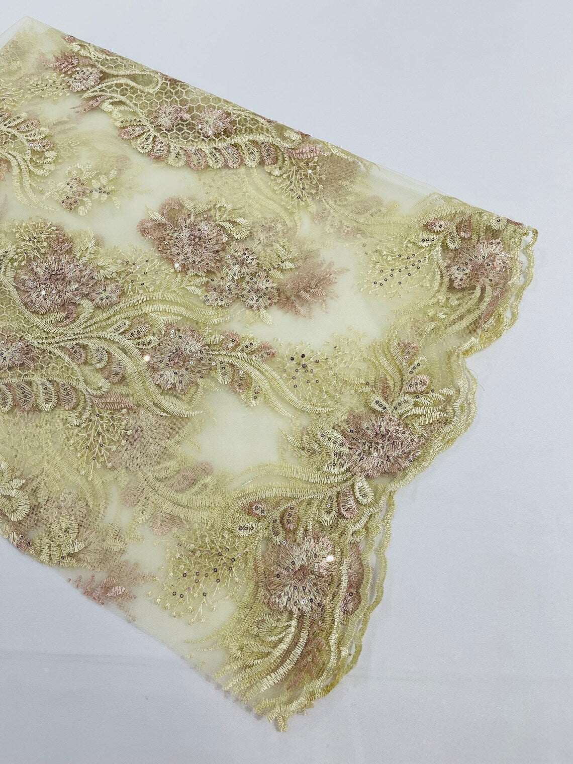 Two Tone Lace Floral Fabric - Rose / Beige - Flower and Fish Designs C