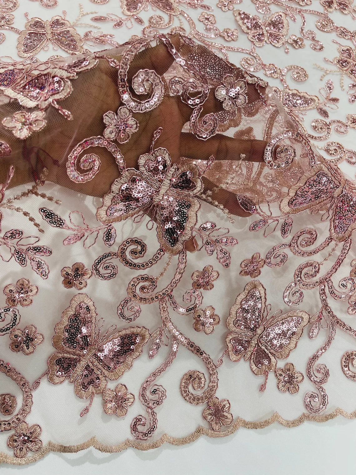 Butterflies Swirl Design - Rose - Metallic Sequins Butterflies on Lace