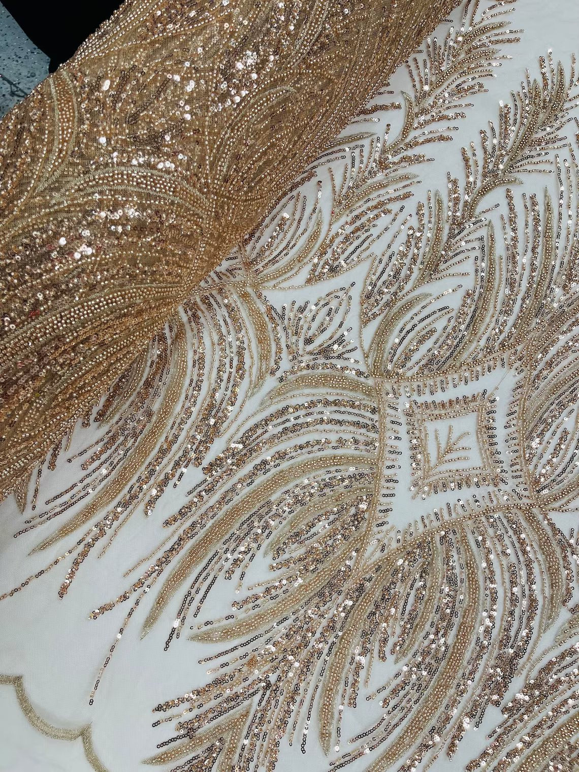 Beaded Line Fabric - Rose Gold - Luxury Bridal Line Pattern Fabric Wit