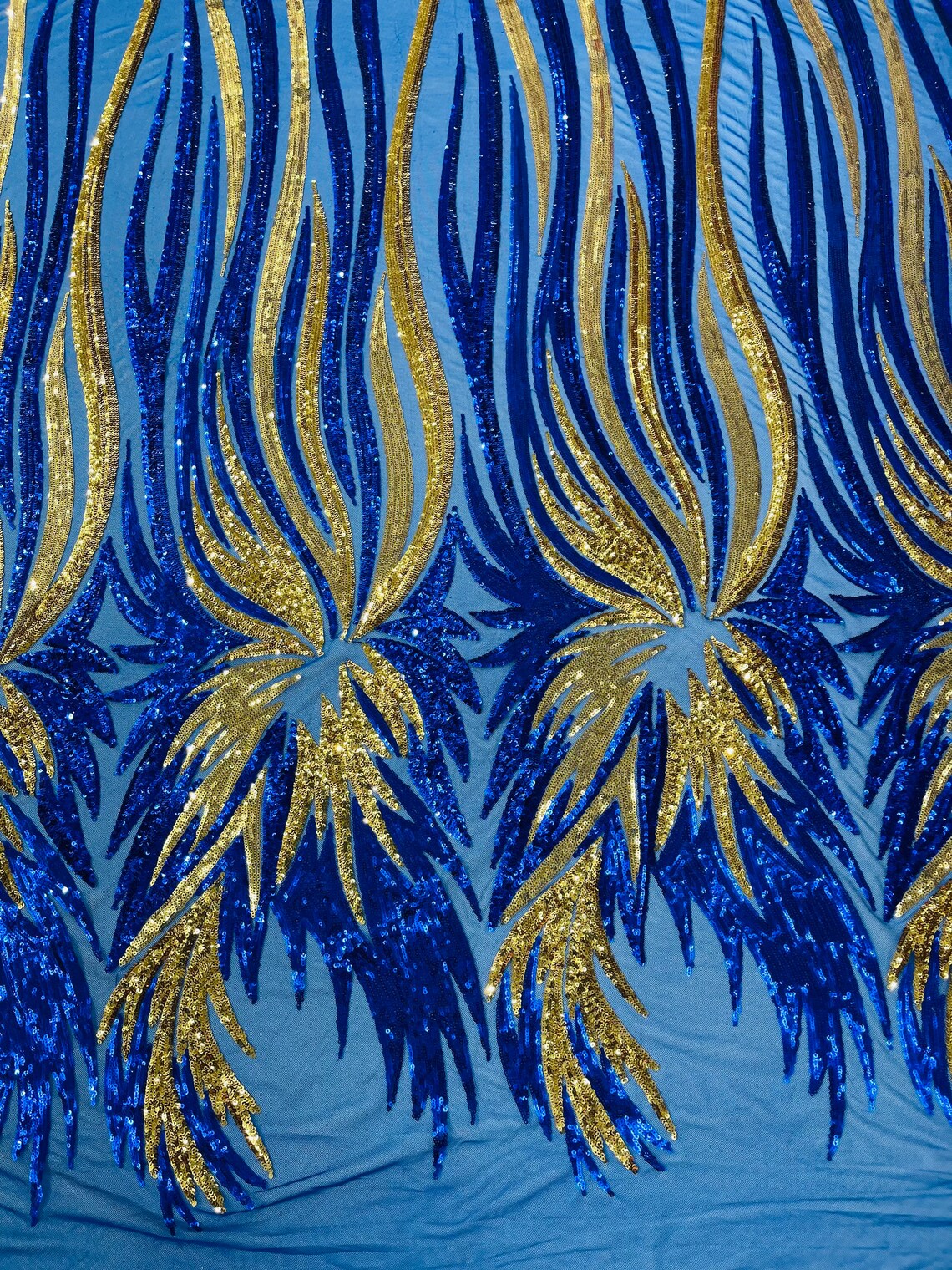 Angel Wings Sequins Fabric - Royal Blue / Gold - 4 Way Stretch Feather