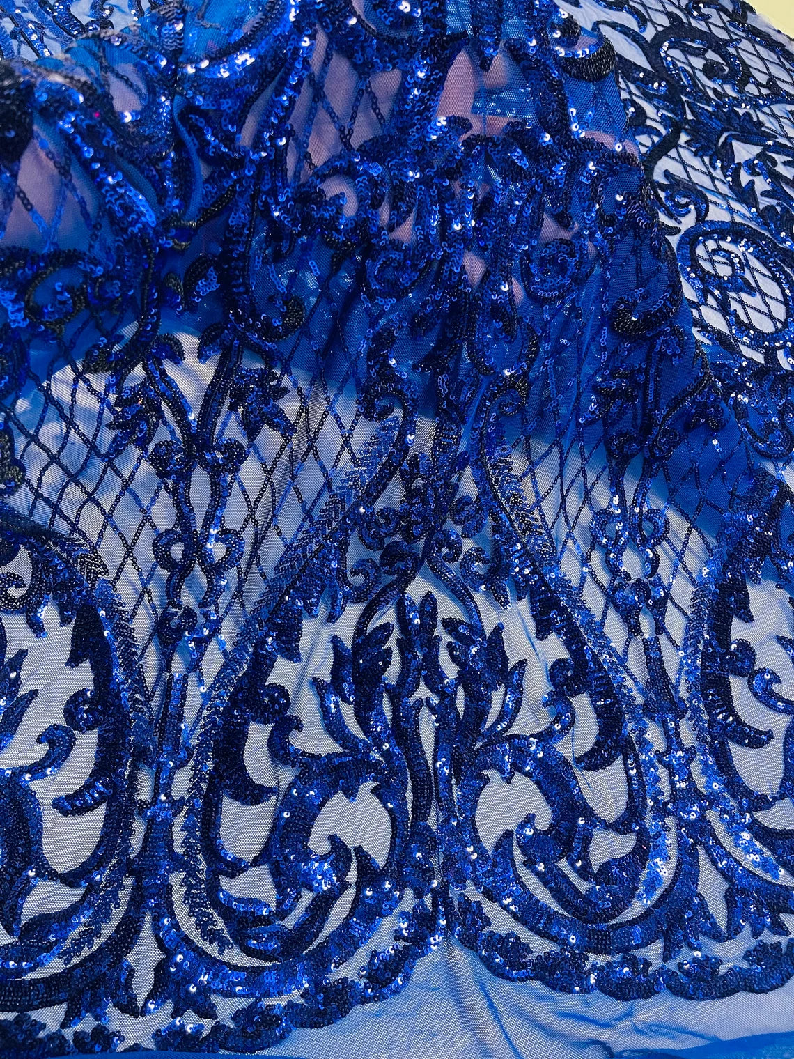 Heart Shape Sequins Fabric - Royal Blue - 4 Way Stretch Sequins Damask