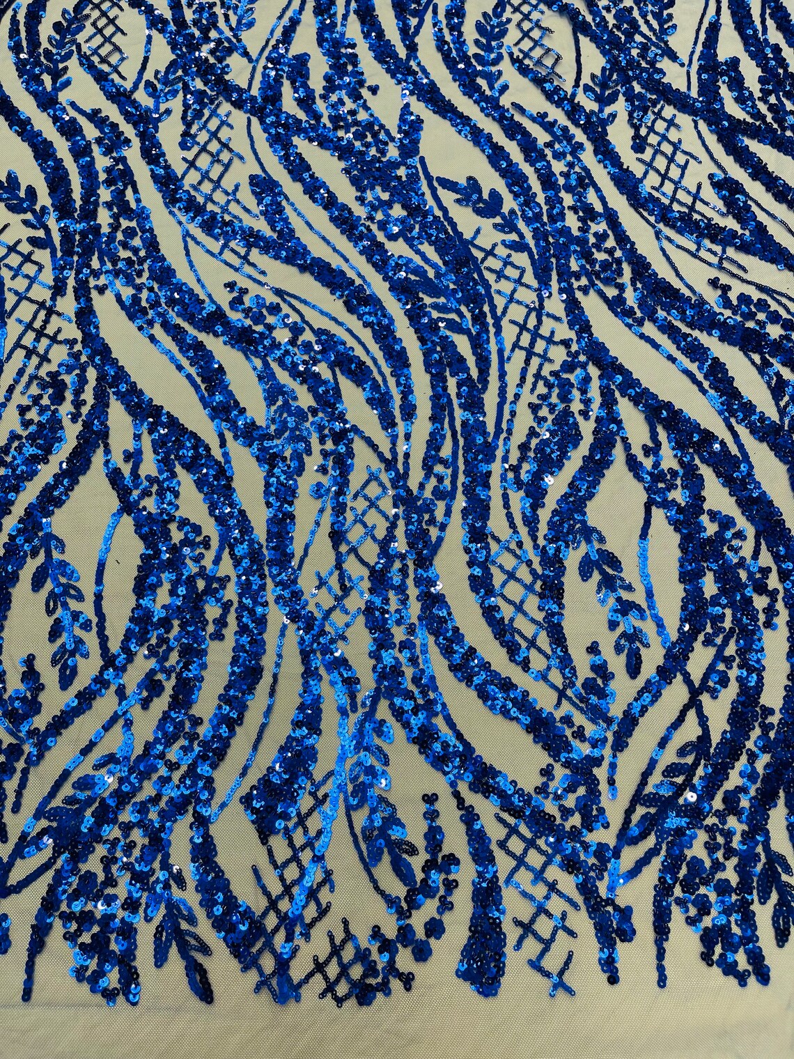 Wavy Floral Beaded Fabric - Royal Blue - Geometric Beaded Sequins Embr