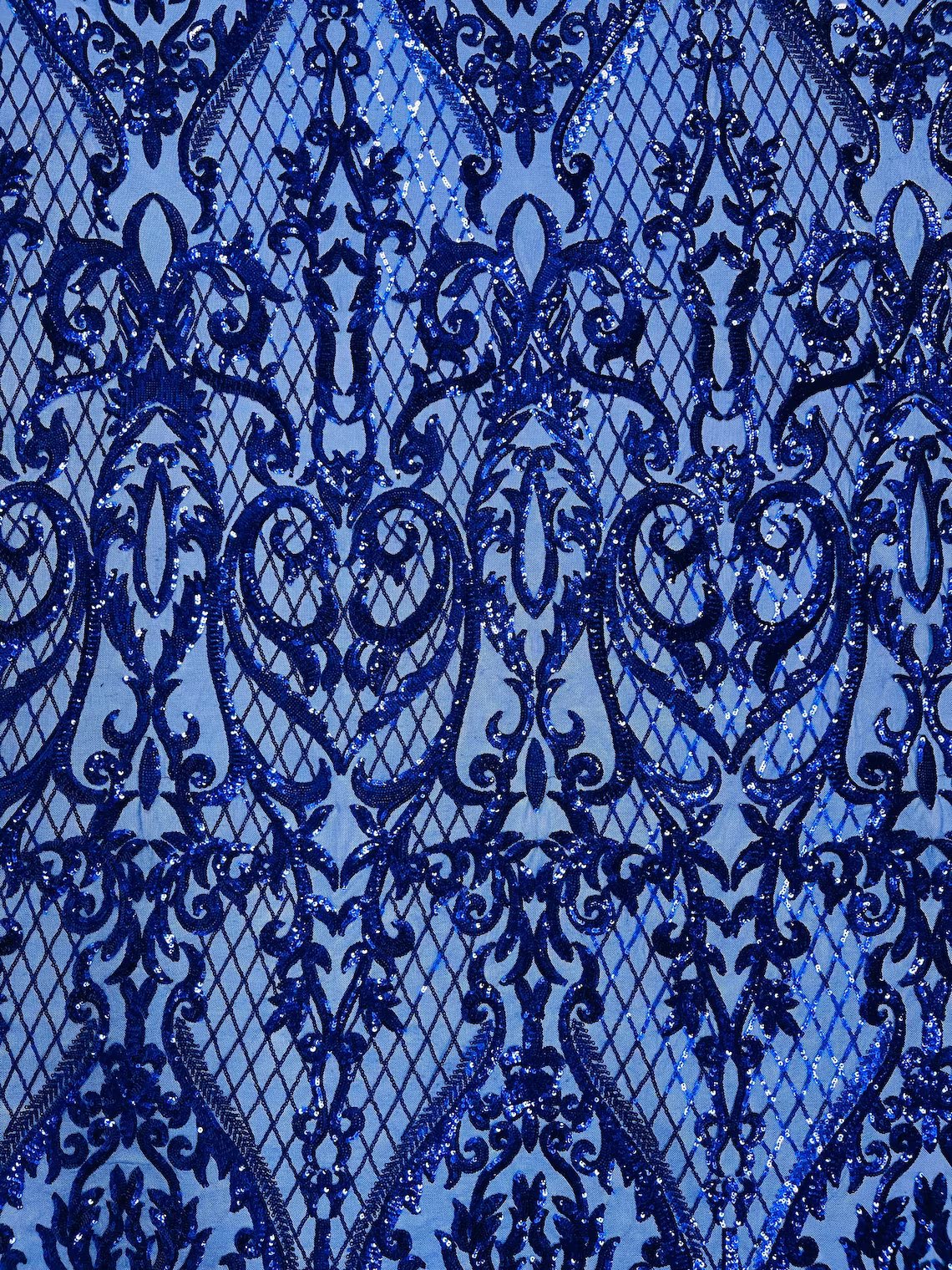 Heart Shape Sequins Fabric - Royal Blue - 4 Way Stretch Sequins Damask