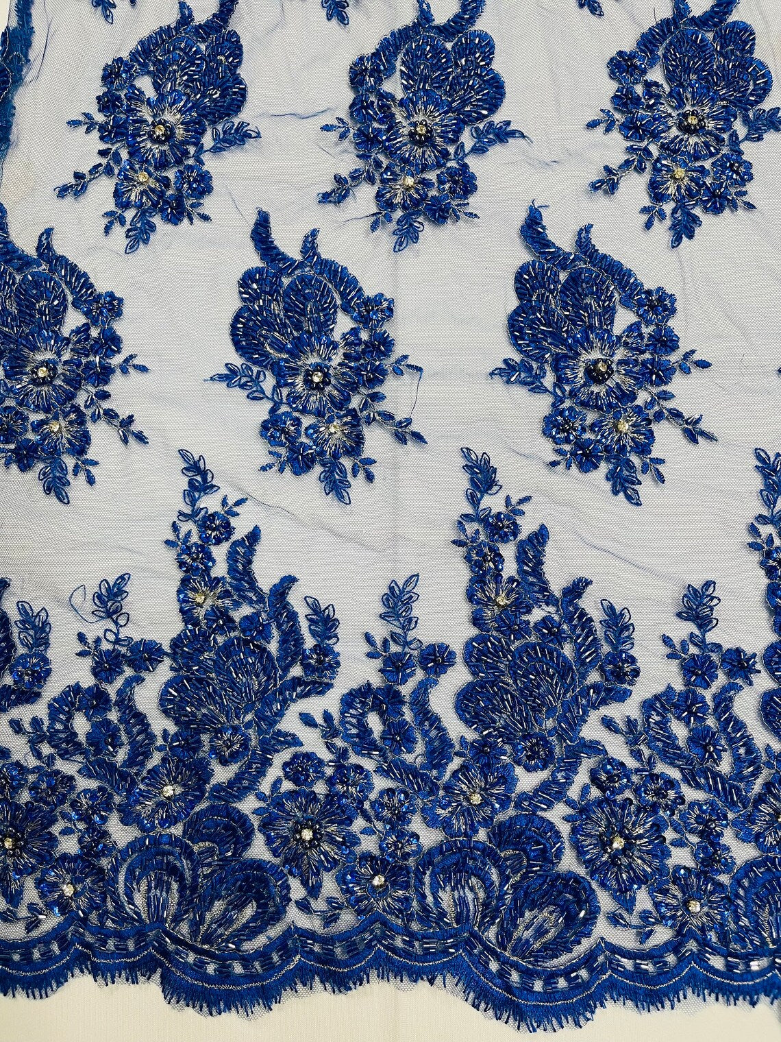 Beaded Rhinestone Fabric - Royal Blue - Floral Rhinestone Beaded Desig