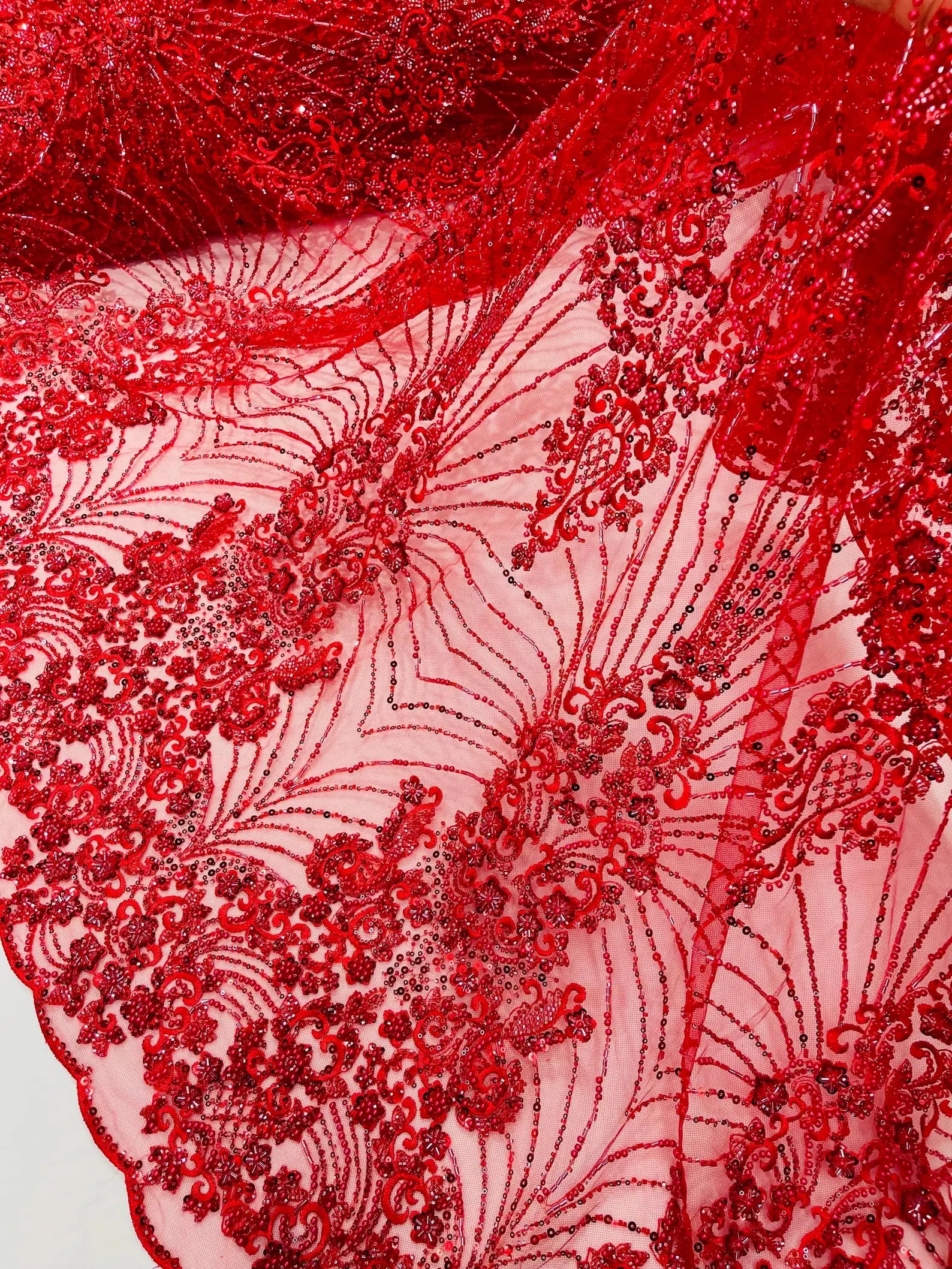 Red Luxury Beaded Fabric By The Yard, Luxury Geometric Design Beads an