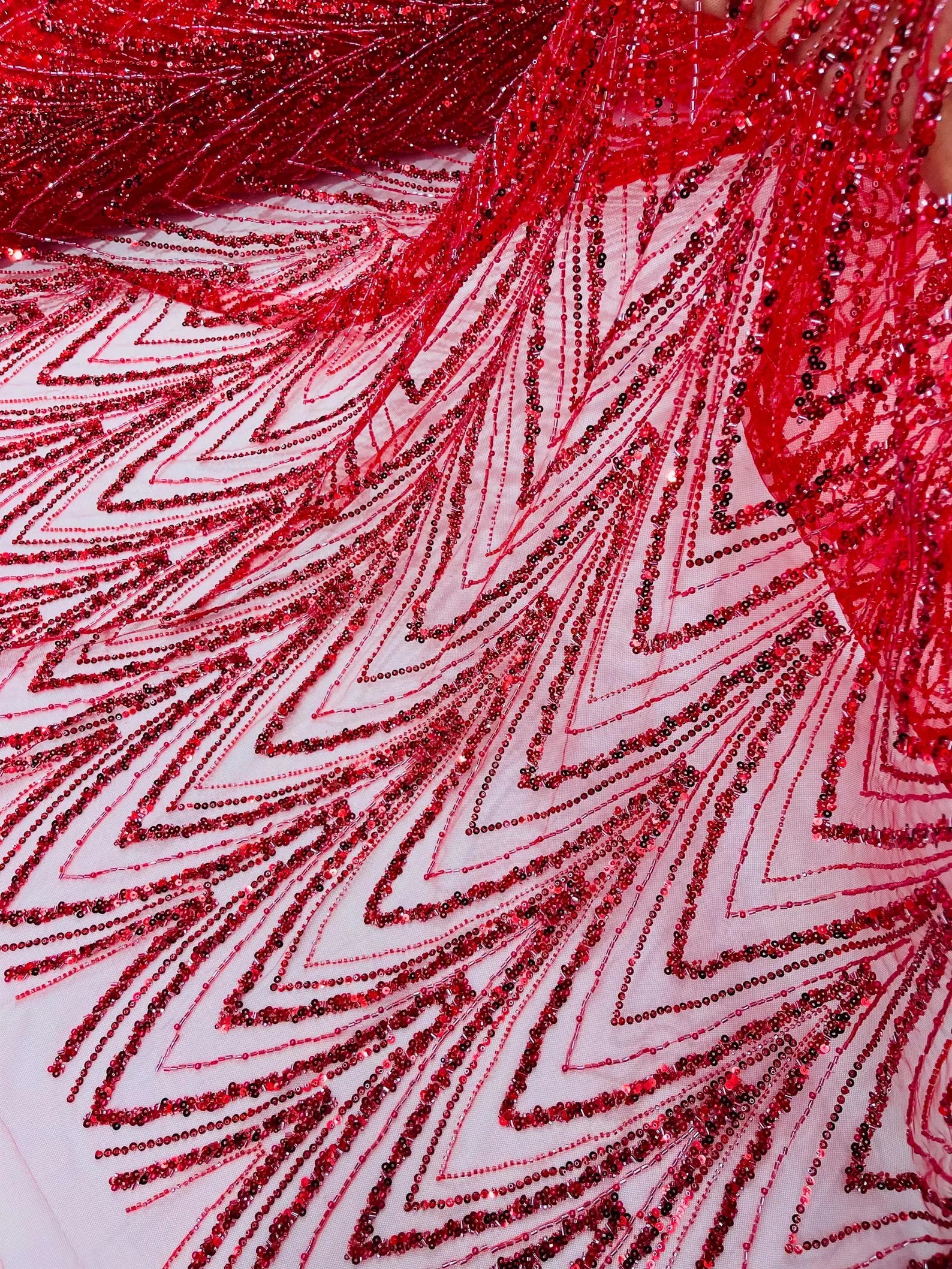 Red Luxury Beaded Pattern Fabric by the yard, Embroidery Beaded Lace F