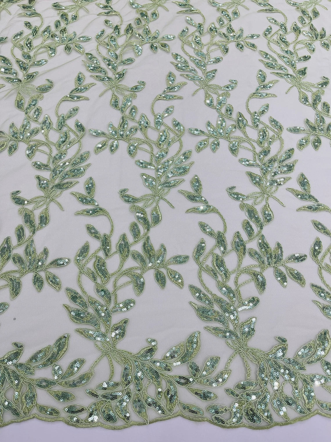 Sage Green Metallic Thread Leaf Design Embroidered With Sequins on a M