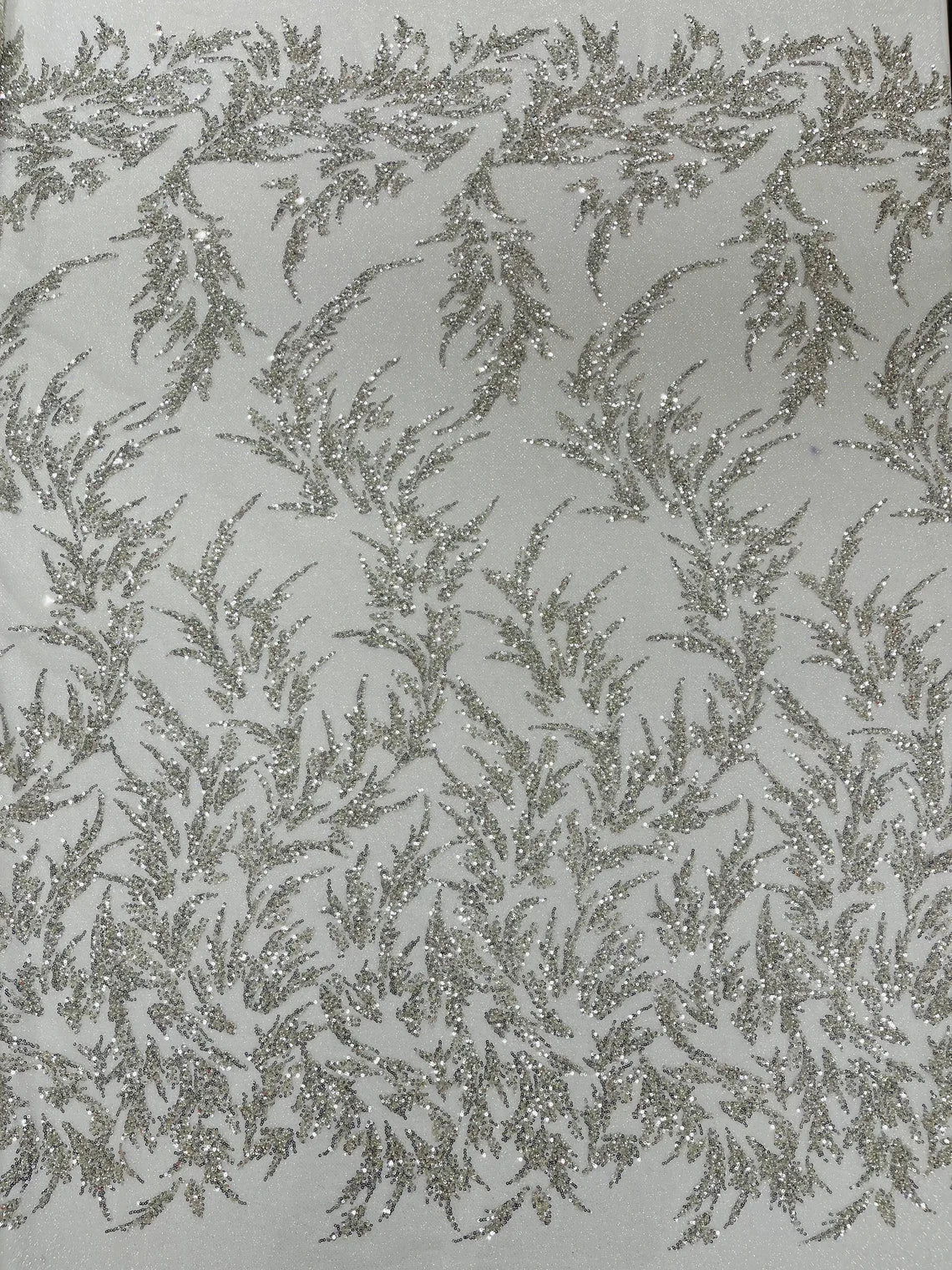 Plant Cluster Glitter Fabric - Silver - Beaded Embroidered Leaf Plant