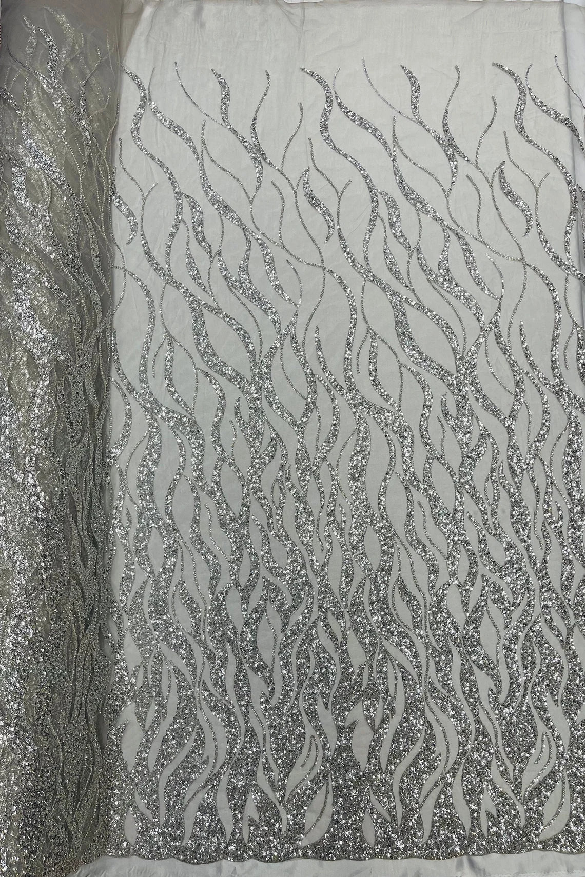 Flaming Fire Design Bead Fabric - Silver - Beaded Embroidered Fabric B