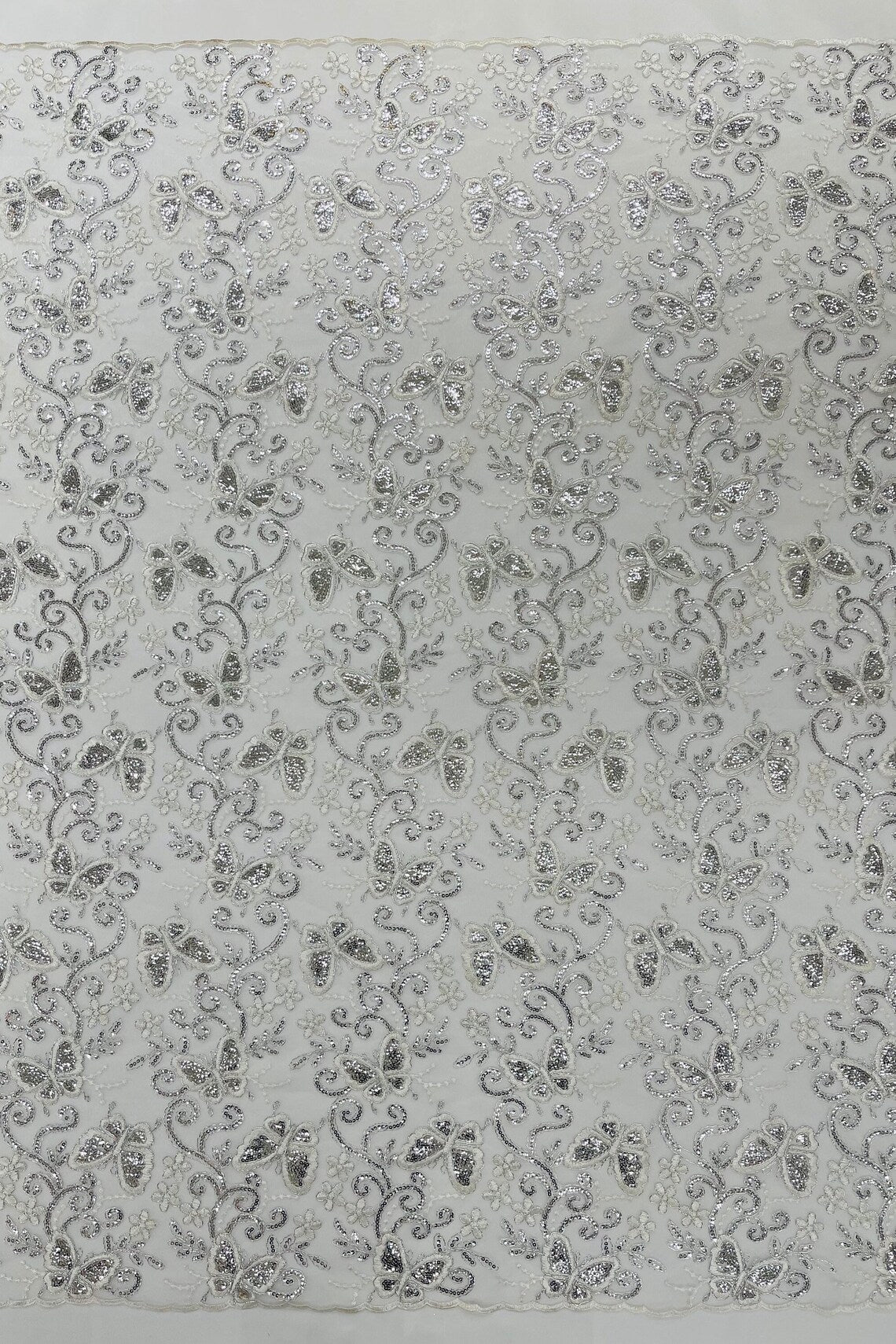 Butterfly Floral Lace Fabric - Silver - Butterfly Flower Metallic Desi